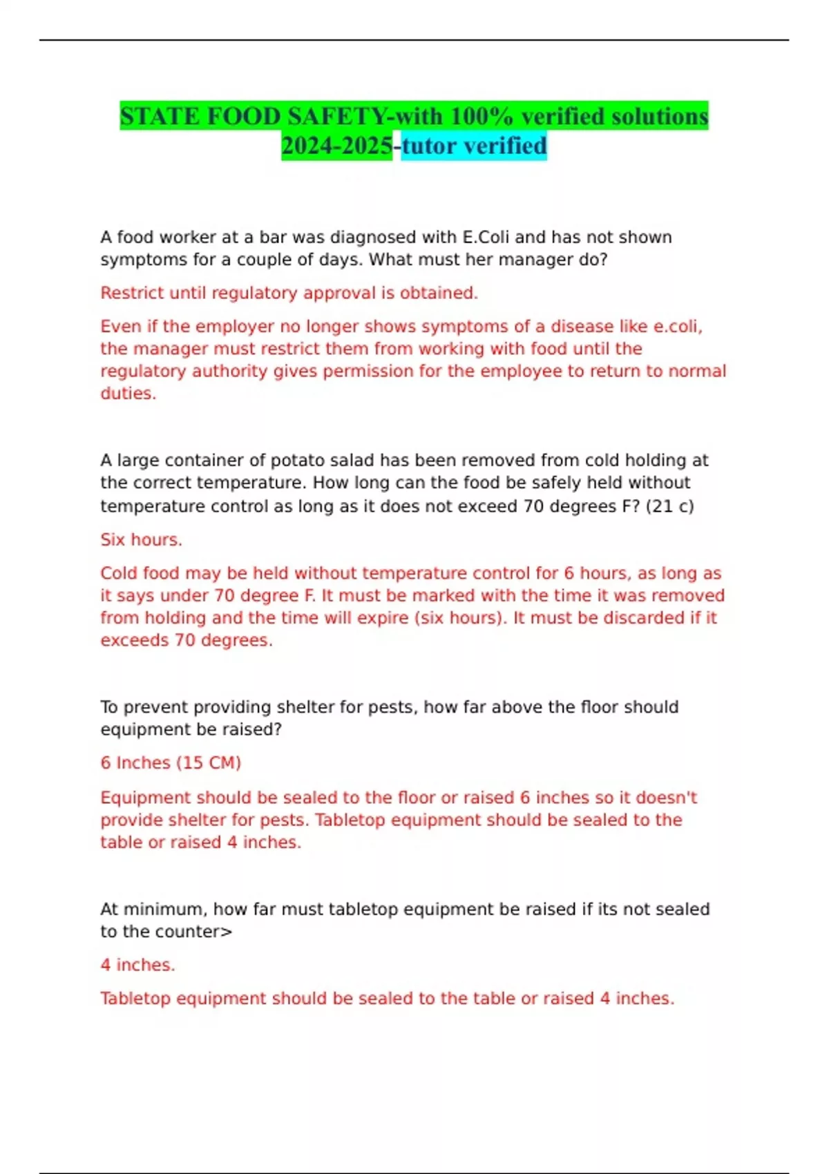 STATE FOOD SAFETY-with 100% verified solutions -tutor verified - STATE ...