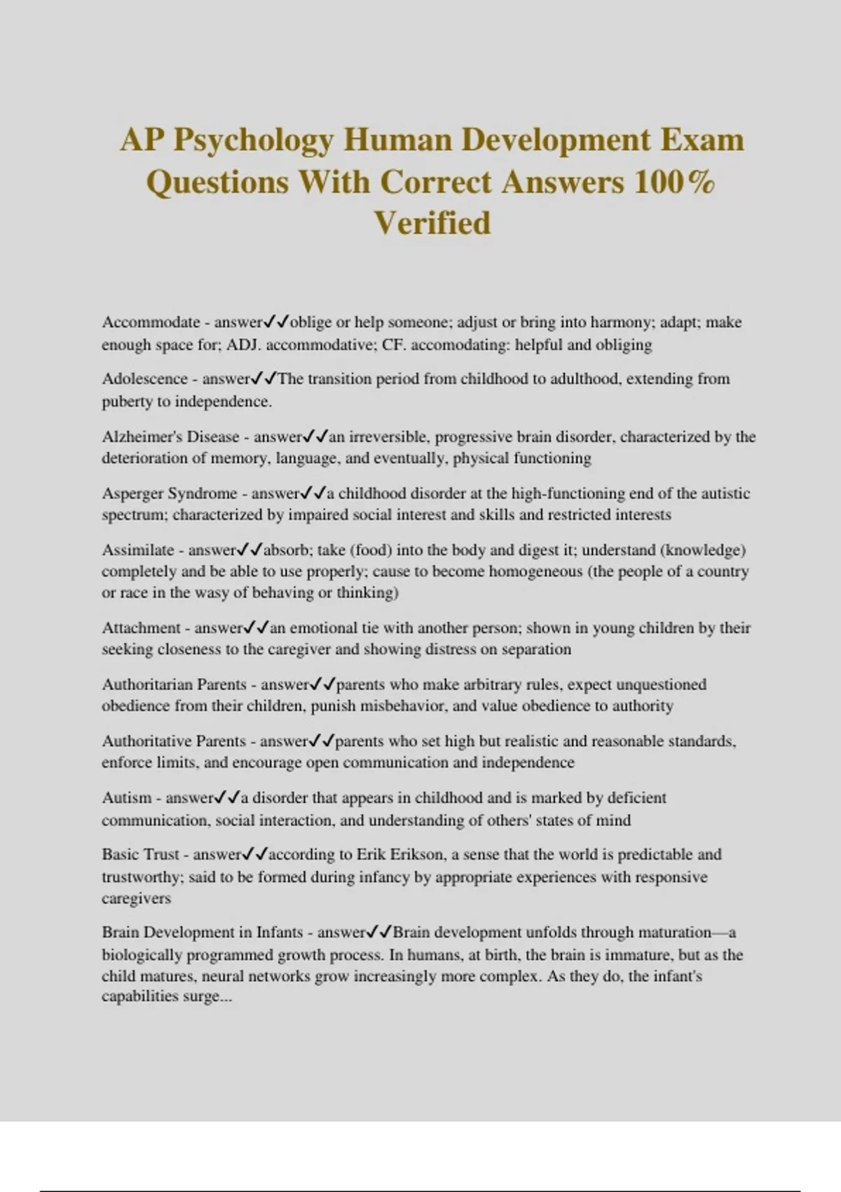 AP Psychology Human Development Exam Questions With Correct Answers 100 ...