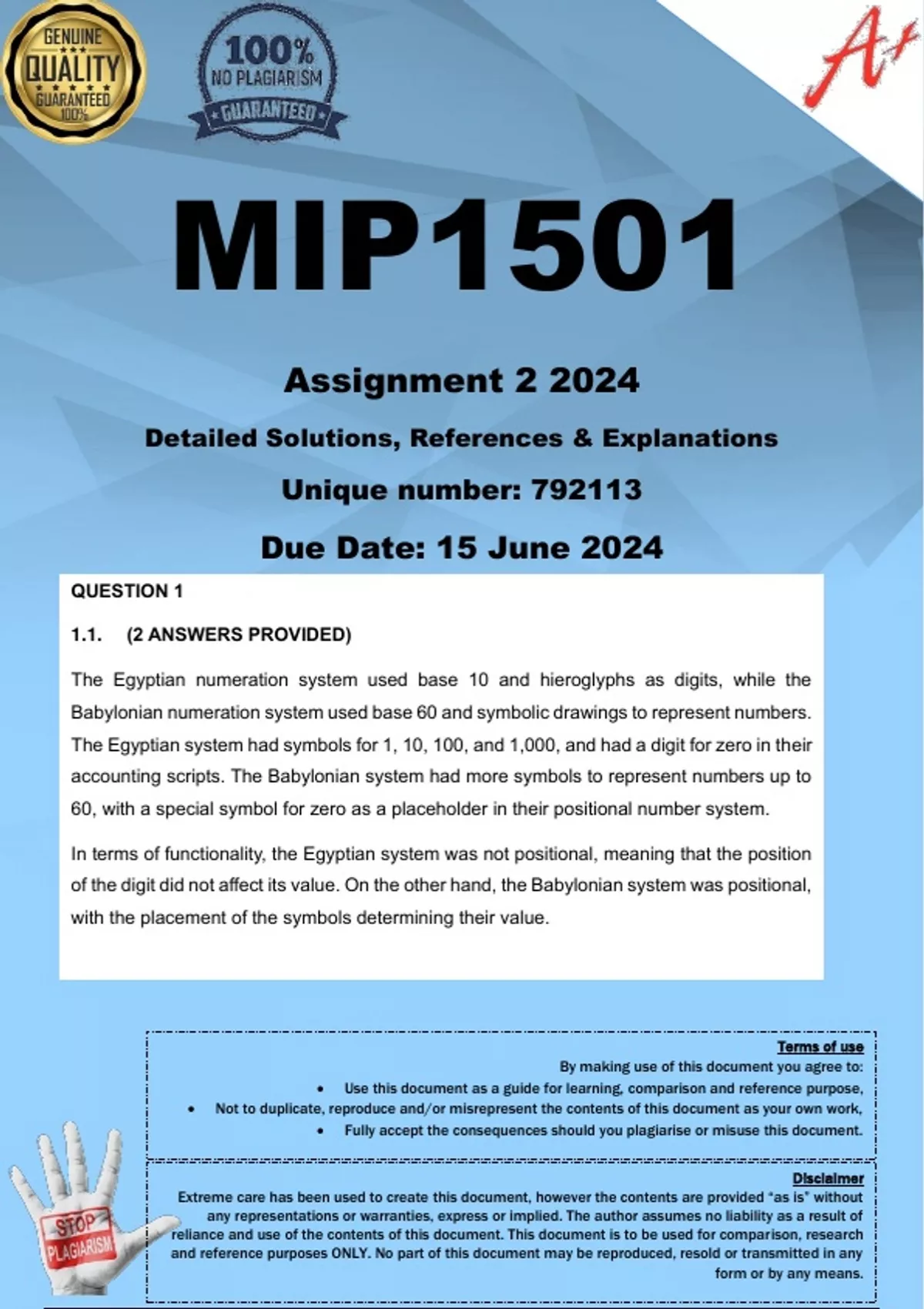 MIP1501 Assignment 2 (COMPLETE ANSWERS) 2024 (792113) - DUE 15 June ...