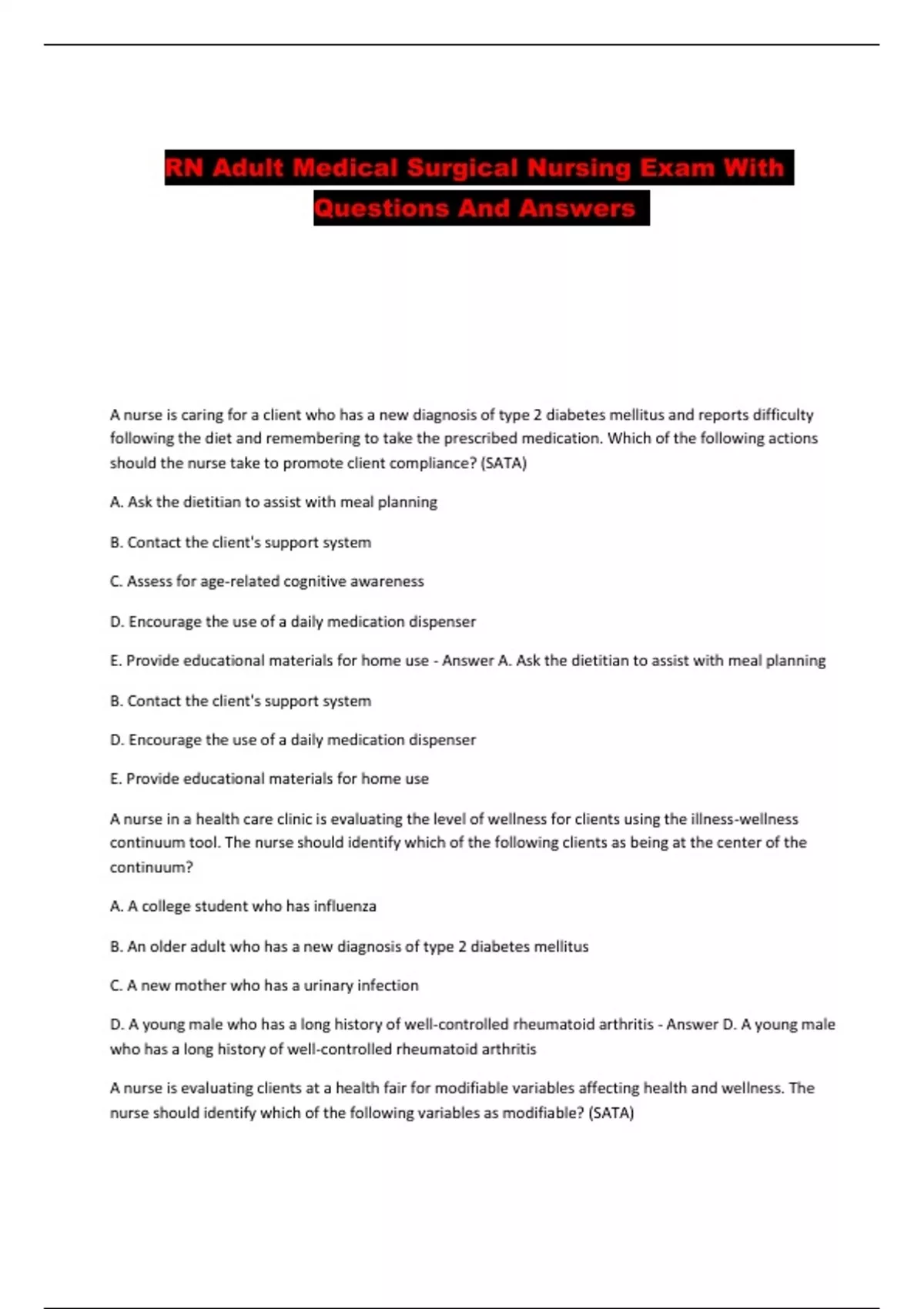 RN Adult Medical Surgical Nursing Exam With Questions And Answers - RN ...