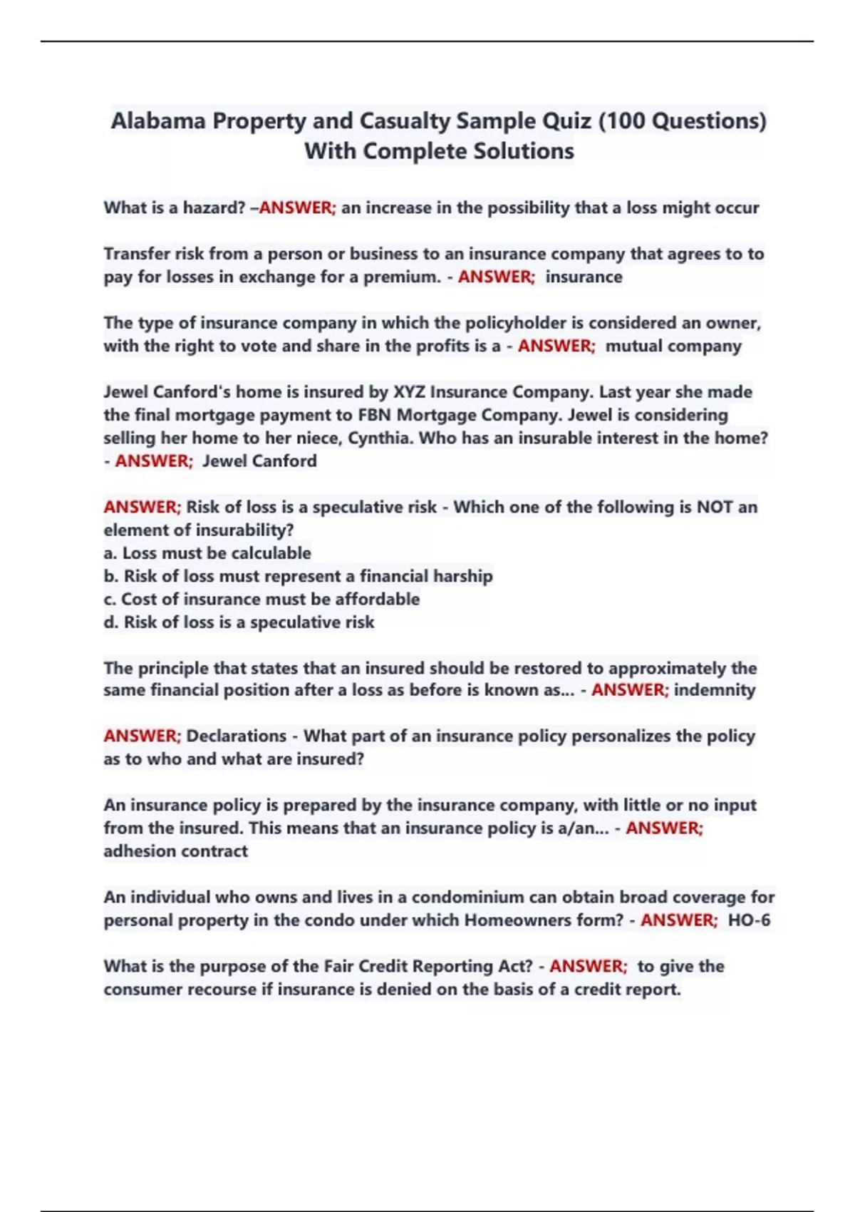 Alabama Property and Casualty Sample Quiz (100 Questions) With Complete ...