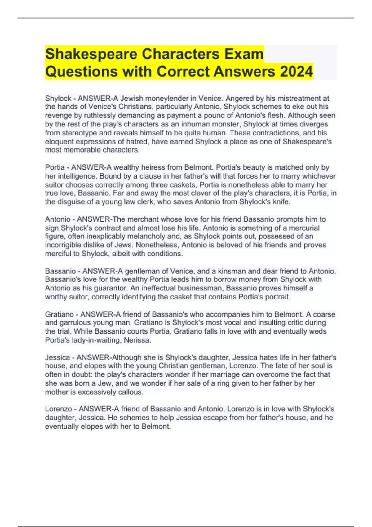 Shakespeare Characters Exam Questions with Correct Answers 2024 ...