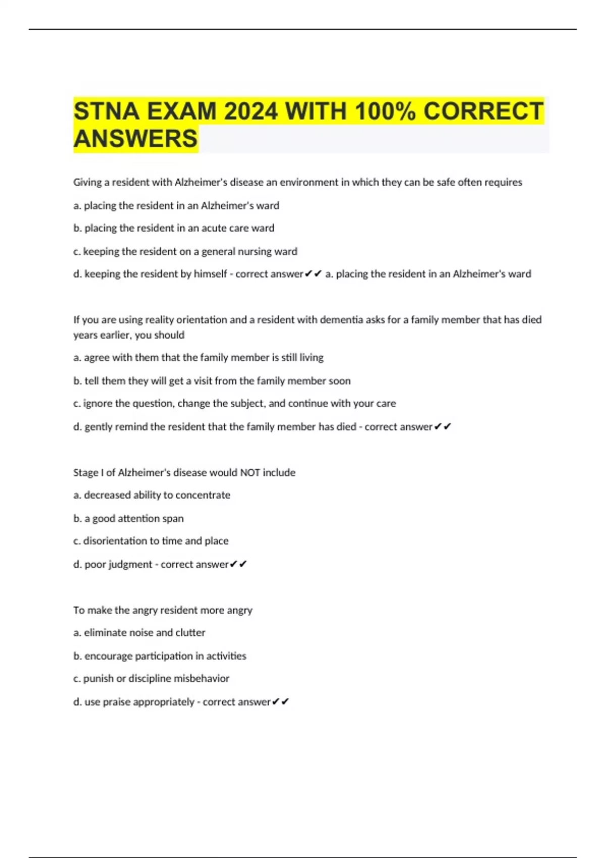 STNA EXAM 2024 WITH 100% CORRECT ANSWERS - STNA - Stuvia US