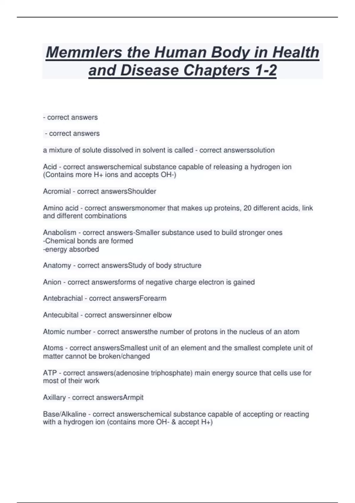 Memmlers the Human Body in Health and Disease Chapters 1-2 - Nursing ...