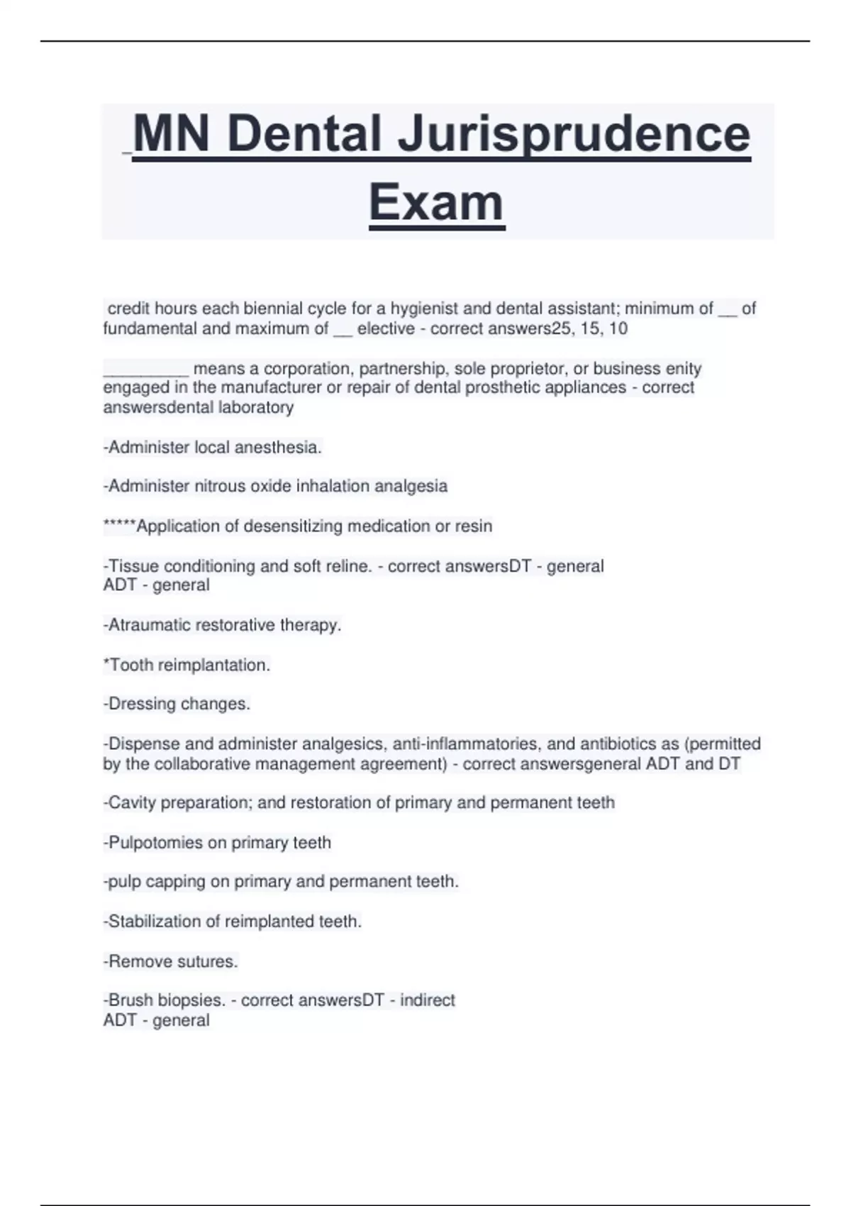 MN Dental Jurisprudence Exam - RN - Registered Nurse - Stuvia US