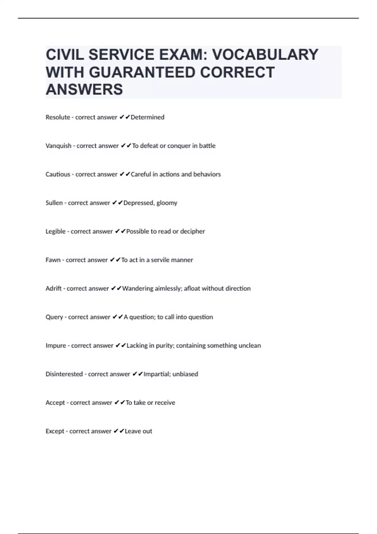 CIVIL SERVICE EXAM: VOCABULARY WITH GUARANTEED CORRECT ANSWERS - Civil ...