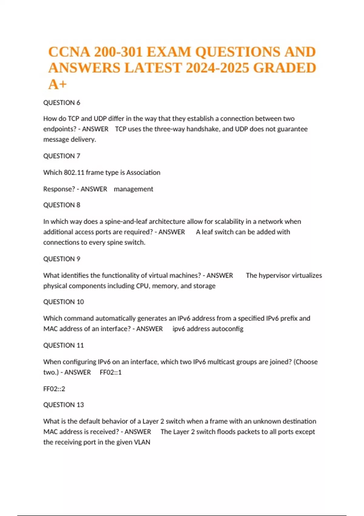 CCNA 200-301 EXAM QUESTIONS AND ANSWERS LATEST GRADED A+. - CCNA ...
