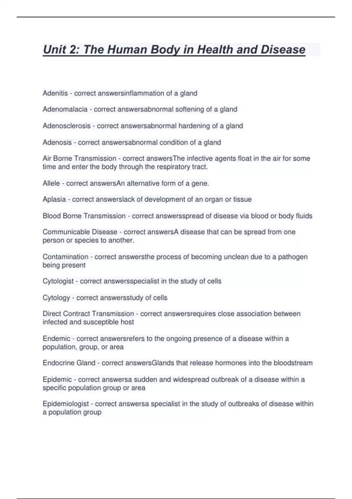Unit 2: The Human Body in Health and Disease - Regerster Nurse - Stuvia US