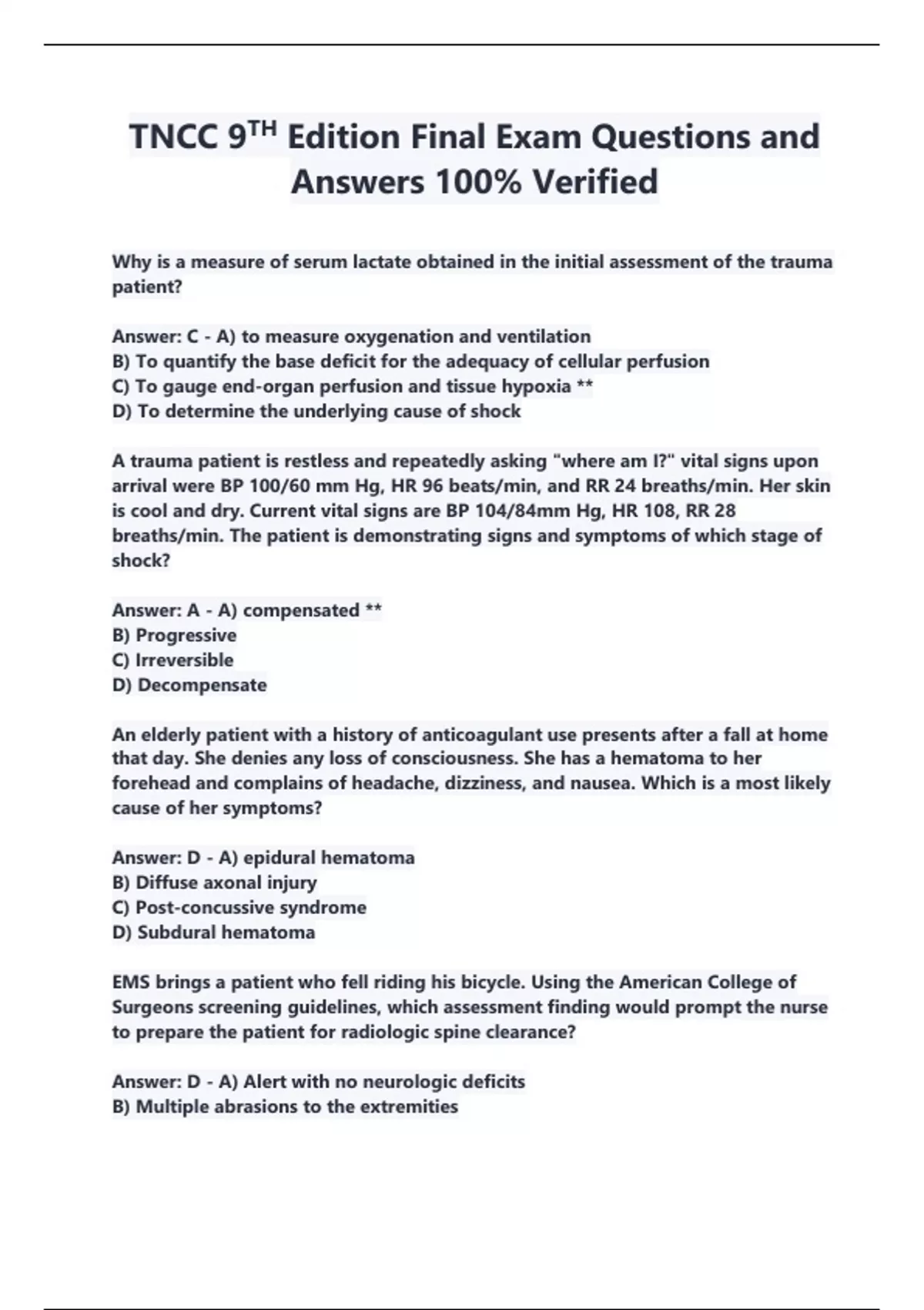 TNCC 9TH Edition Final Exam Questions and Answers 100% Verified - TNCC ...