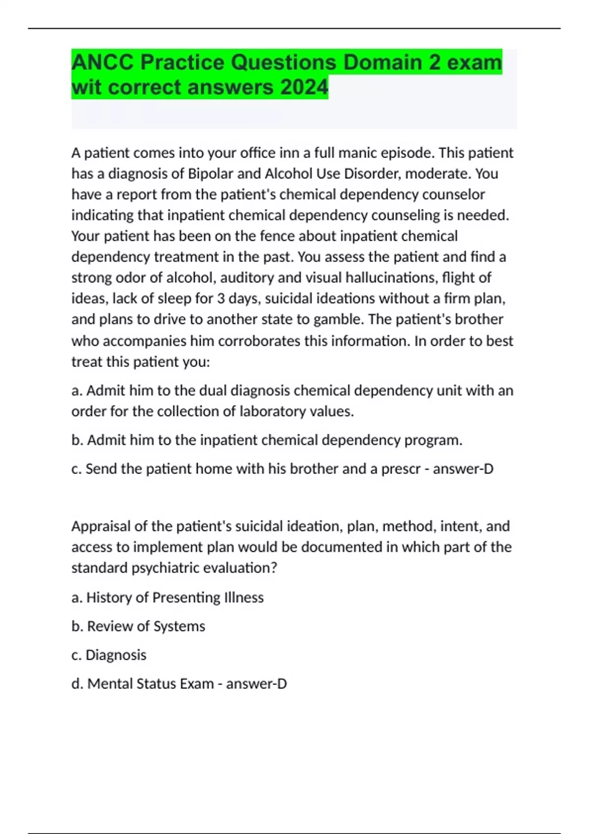 ANCC Practice Questions Domain 2 exam wit correct answers 2024 - Ancc ...