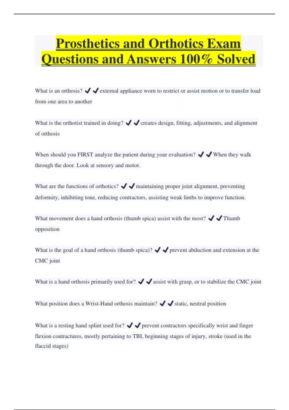 Prosthetics and Orthotics Exam Questions and Answers 100% Solved ...