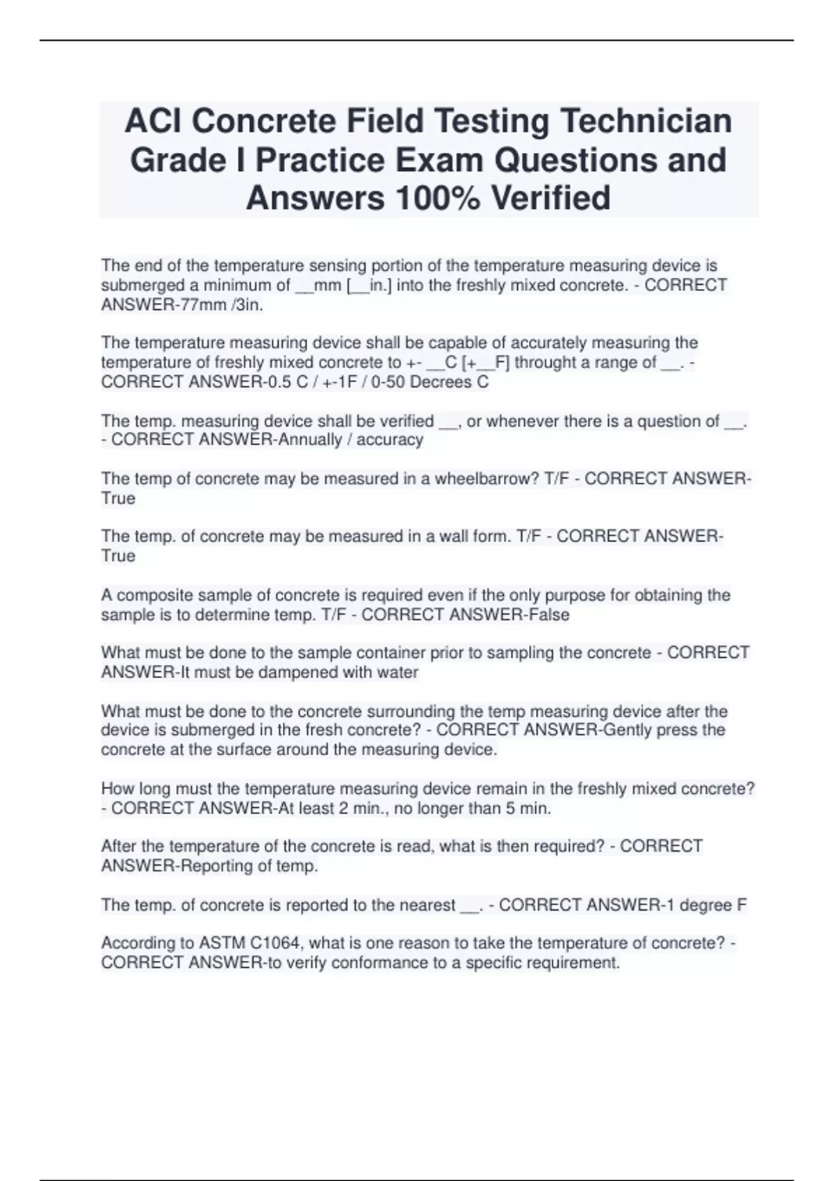ACI Concrete Field Testing Technician Grade I Practice Exam Questions ...