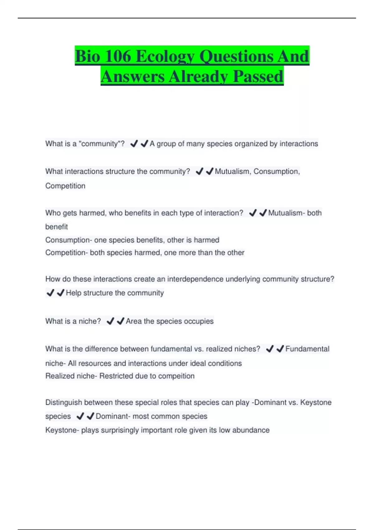 Bio 106 Ecology Questions And Answers Already Passed - Bio 106 Ecology ...