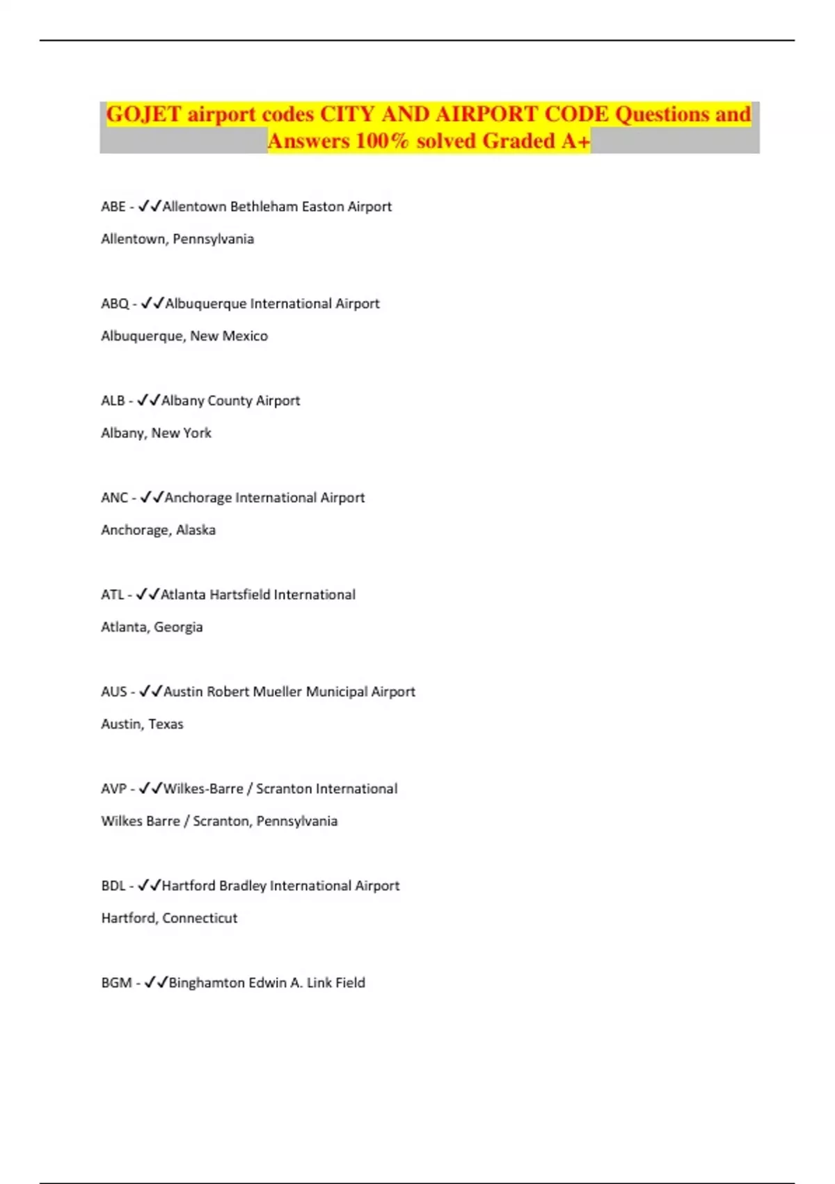 GOJET airport codes CITY AND AIRPORT CODE Questions and Answers 100% ...