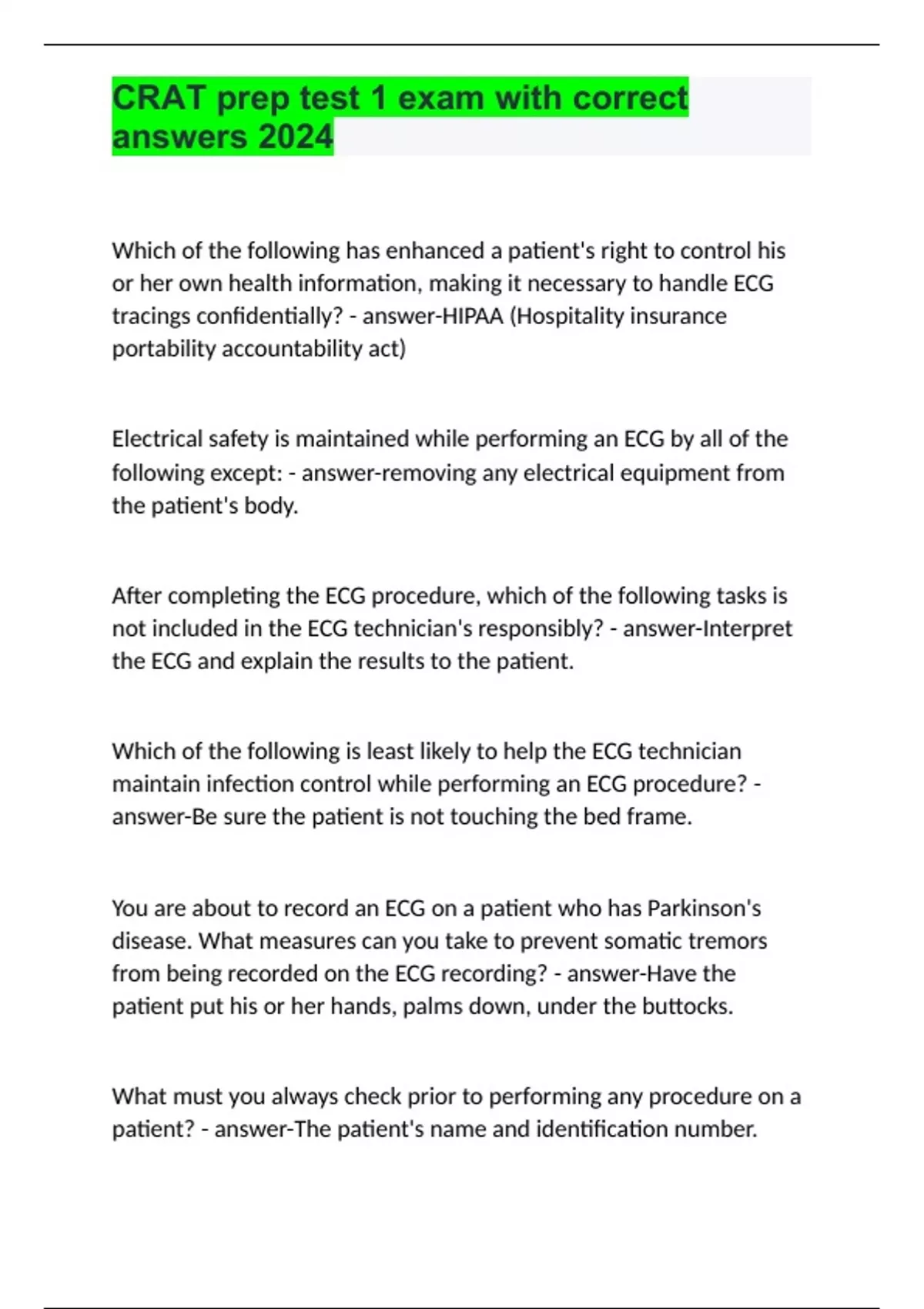 CRAT prep test 1 exam with correct answers 2024 - CRAT - Stuvia US