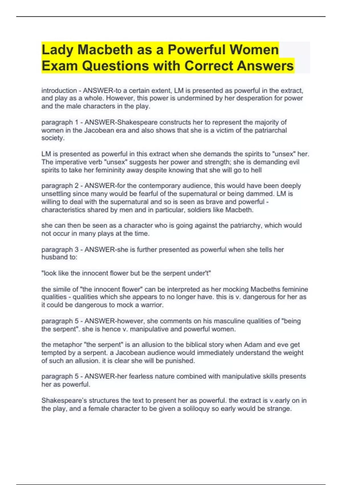 Lady Macbeth as a Powerful Women Exam Questions with Correct Answers ...