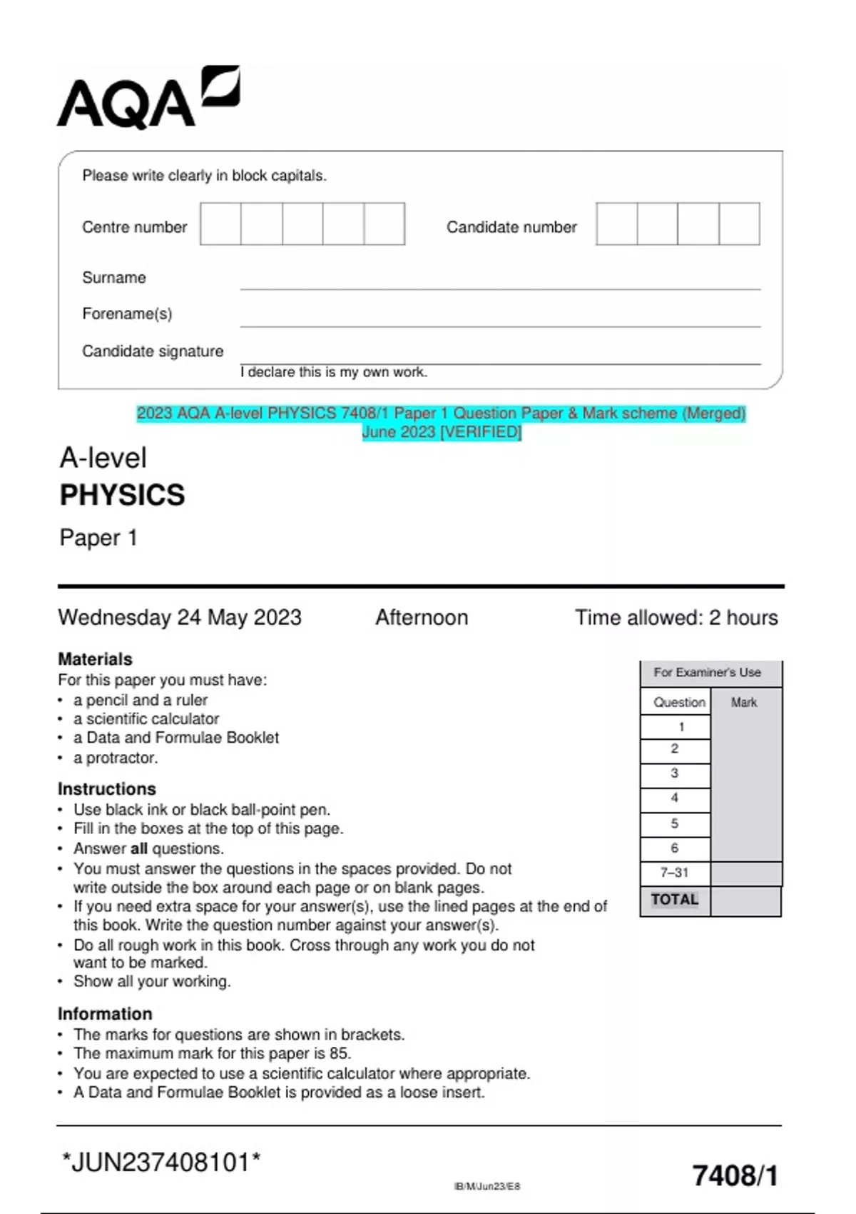 2023 AQA A-level PHYSICS 7408/1 Paper 1 Question Paper & Mark scheme (Merged) June 2023 ...
