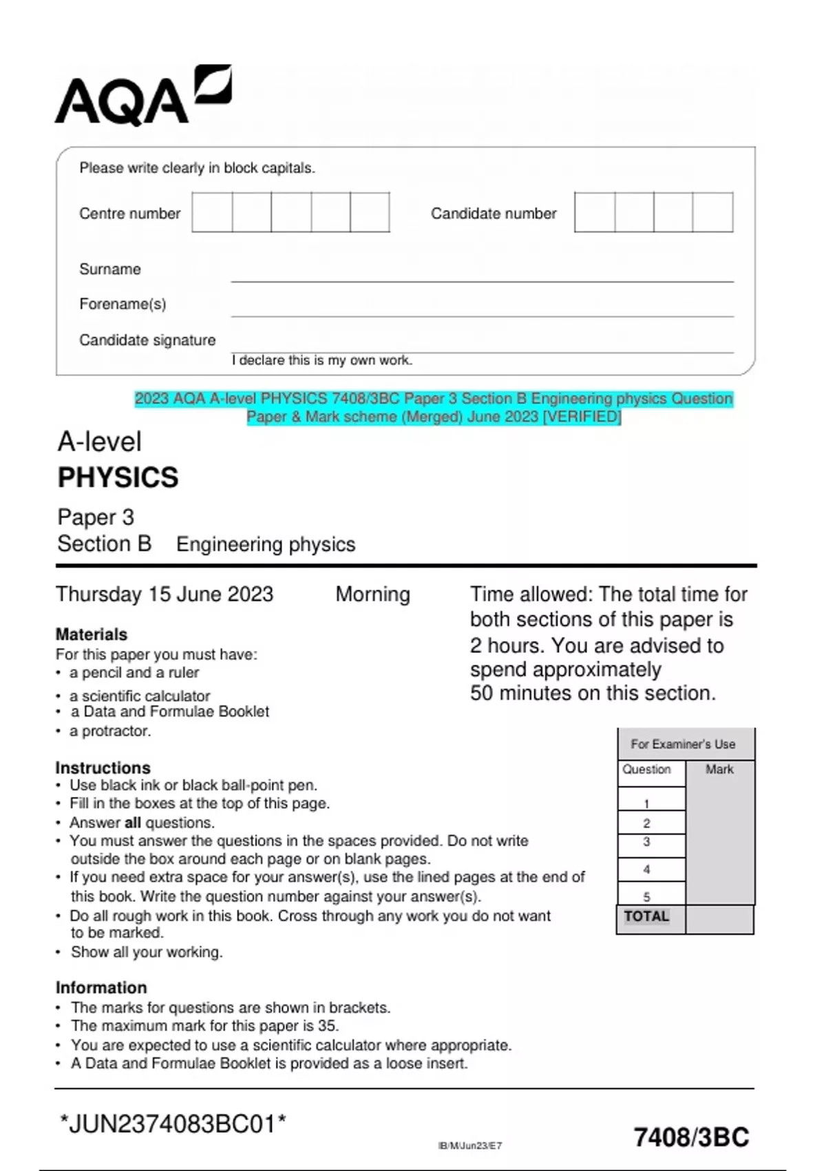 2023 AQA A-level PHYSICS 7408/3BC Paper 3 Section B Engineering physics ...