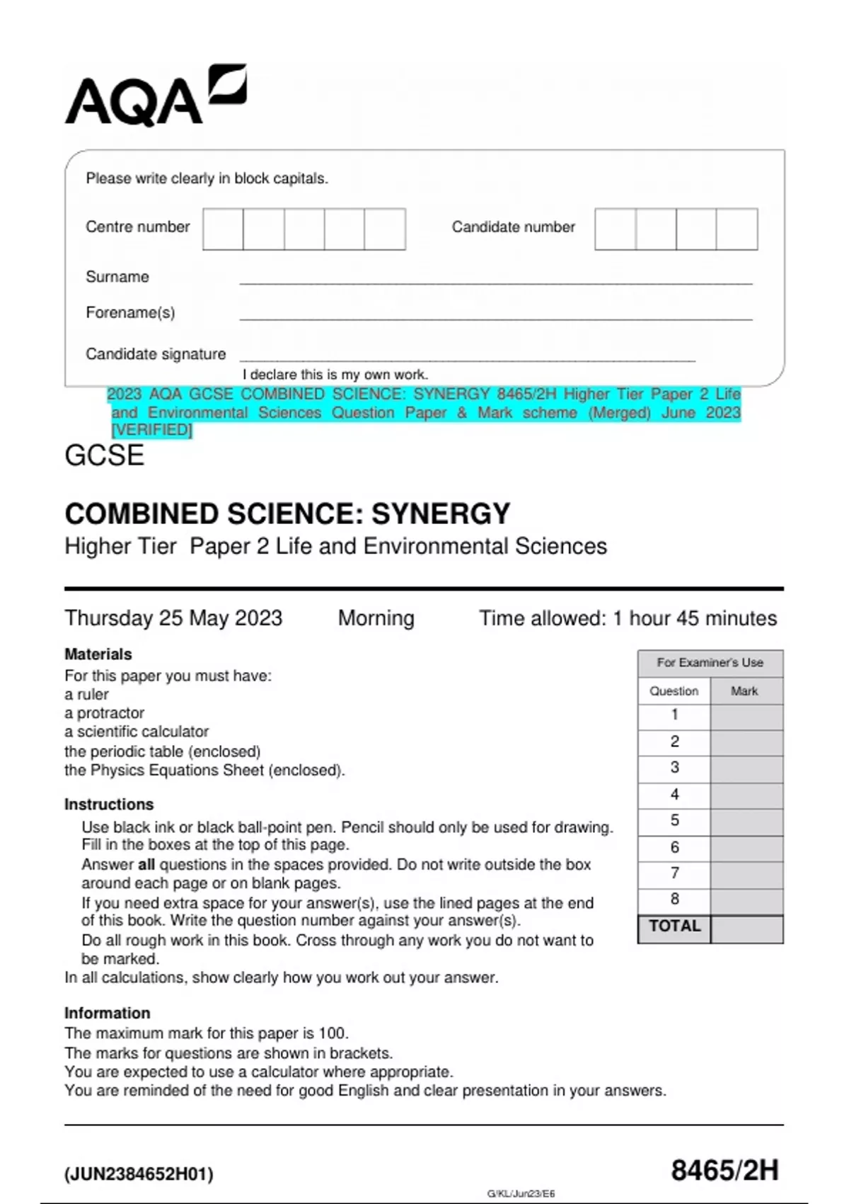 2023 AQA GCSE COMBINED SCIENCE: SYNERGY 8465/2H Higher Tier Paper 2 ...