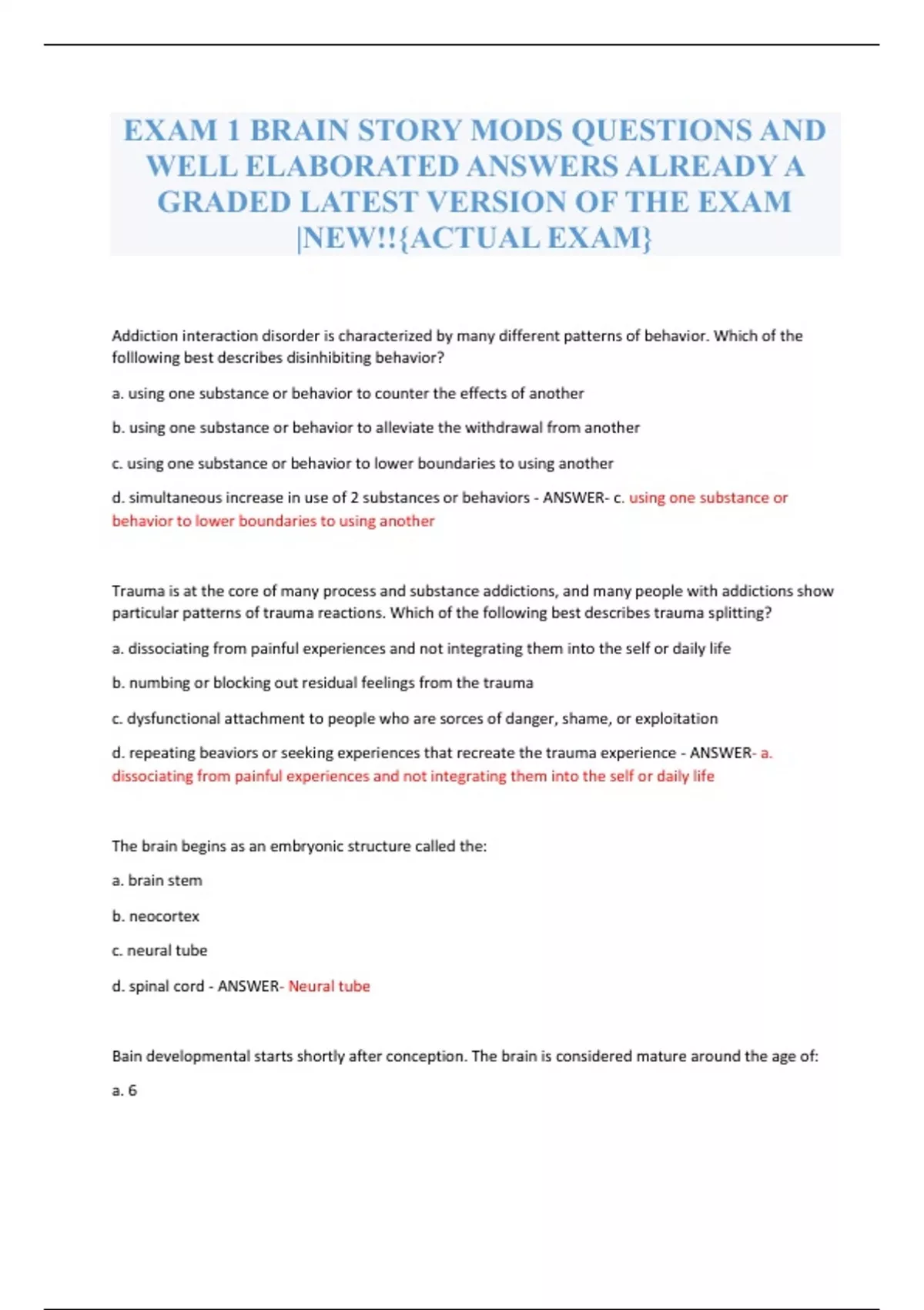 EXAM 1 BRAIN STORY MODS QUESTIONS AND WELL ELABORATED ANSWERS ALREADY A ...