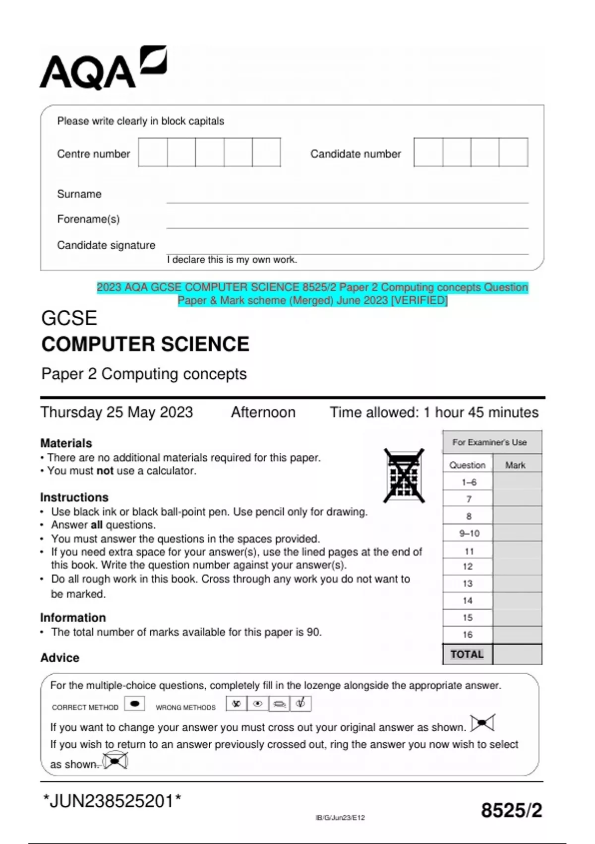 2023 AQA GCSE COMPUTER SCIENCE 8525/2 Paper 2 Computing concepts Question Paper & Mark scheme ...