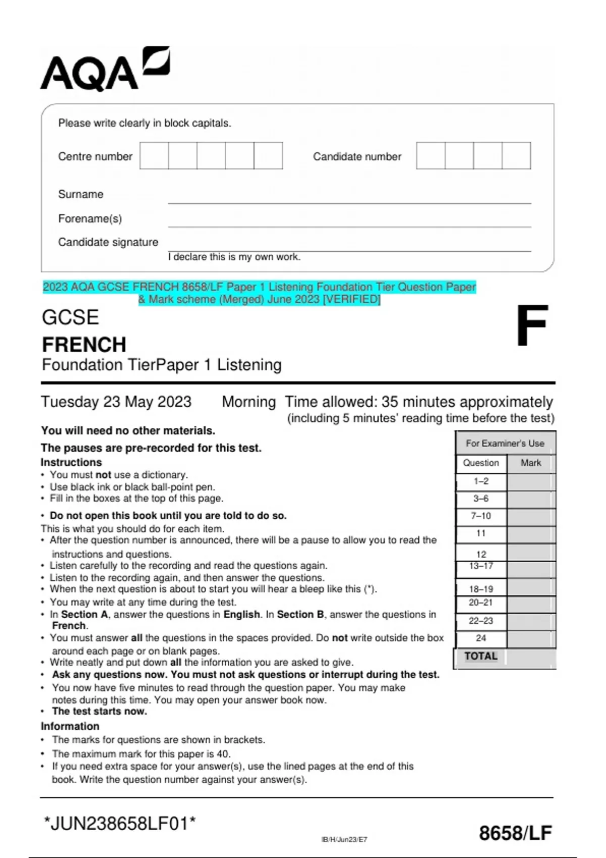 2023 AQA GCSE FRENCH 8658/LF Paper 1 Listening Foundation Tier Question ...