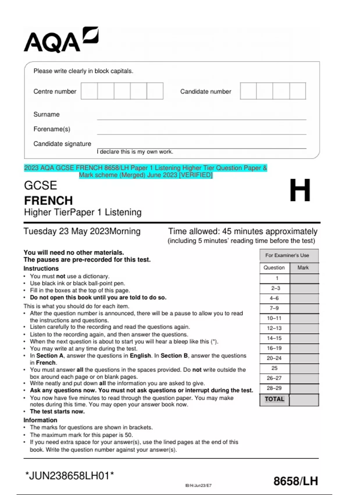 2023 AQA GCSE FRENCH 8658/LH Paper 1 Listening Higher Tier Question ...