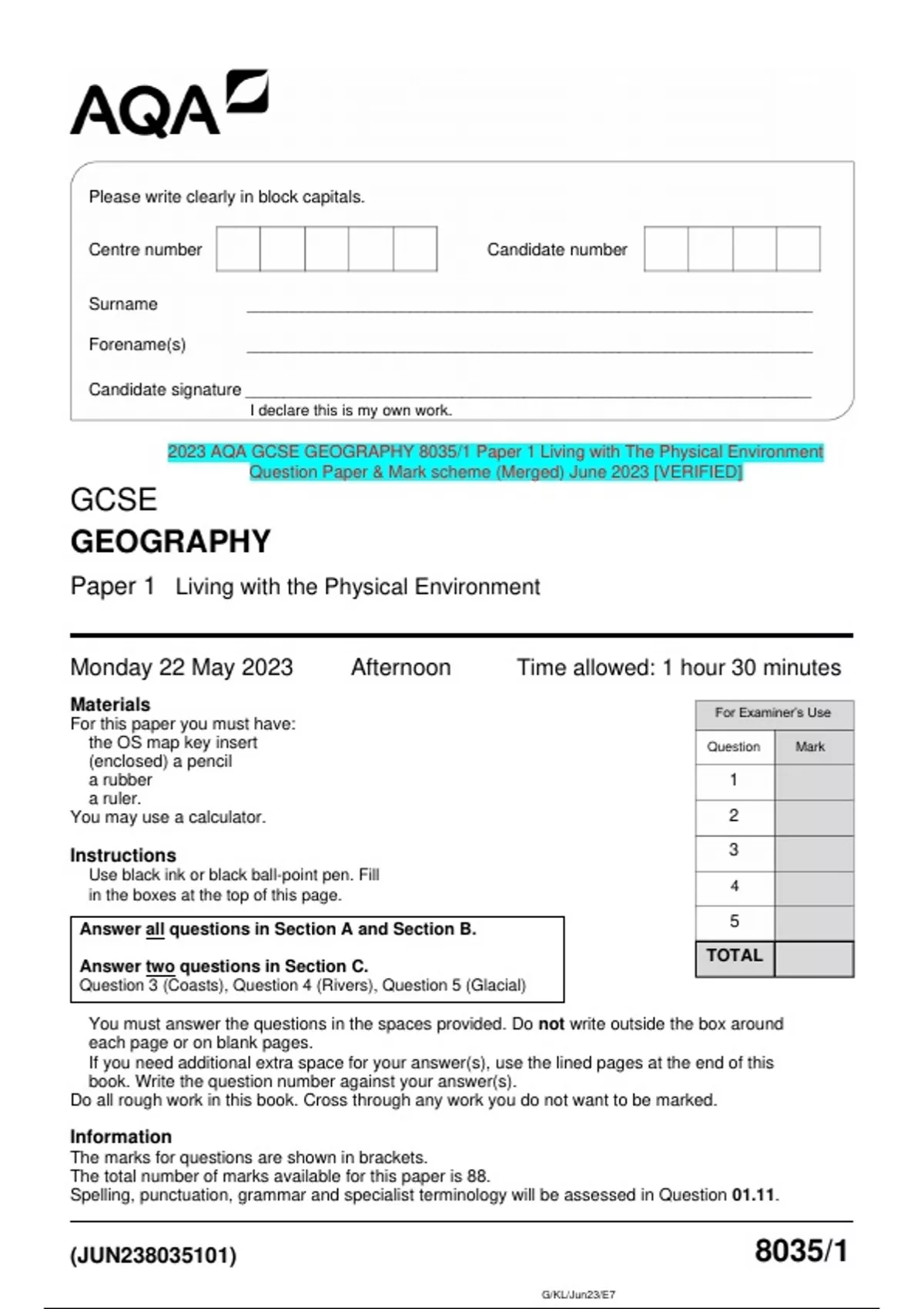 2023 AQA GCSE GEOGRAPHY 8035/1 Paper 1 Living with The Physical ...