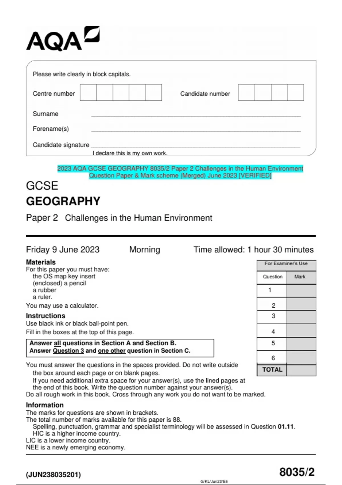 2023 AQA GCSE GEOGRAPHY 8035/2 Paper 2 Challenges in the Human ...