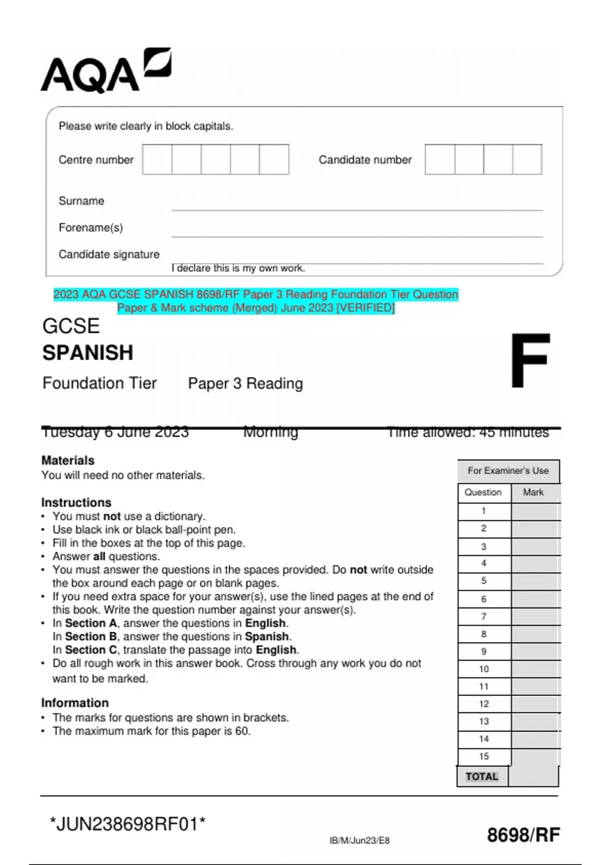 2023 AQA GCSE SPANISH 8698/RF Paper 3 Reading Foundation Tier Question ...