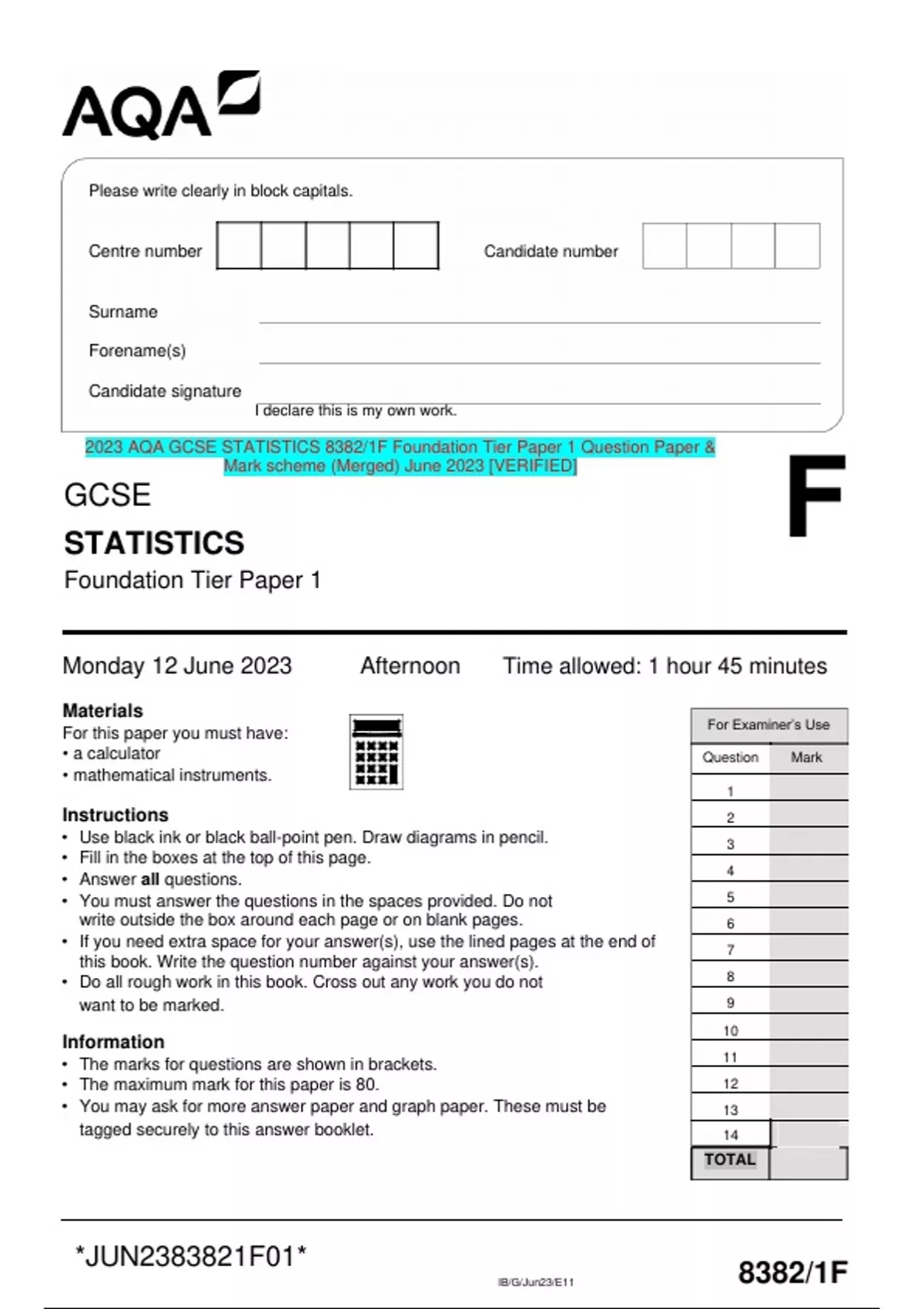 2023 AQA GCSE STATISTICS 8382/1F Foundation Tier Paper 1 Question Paper ...