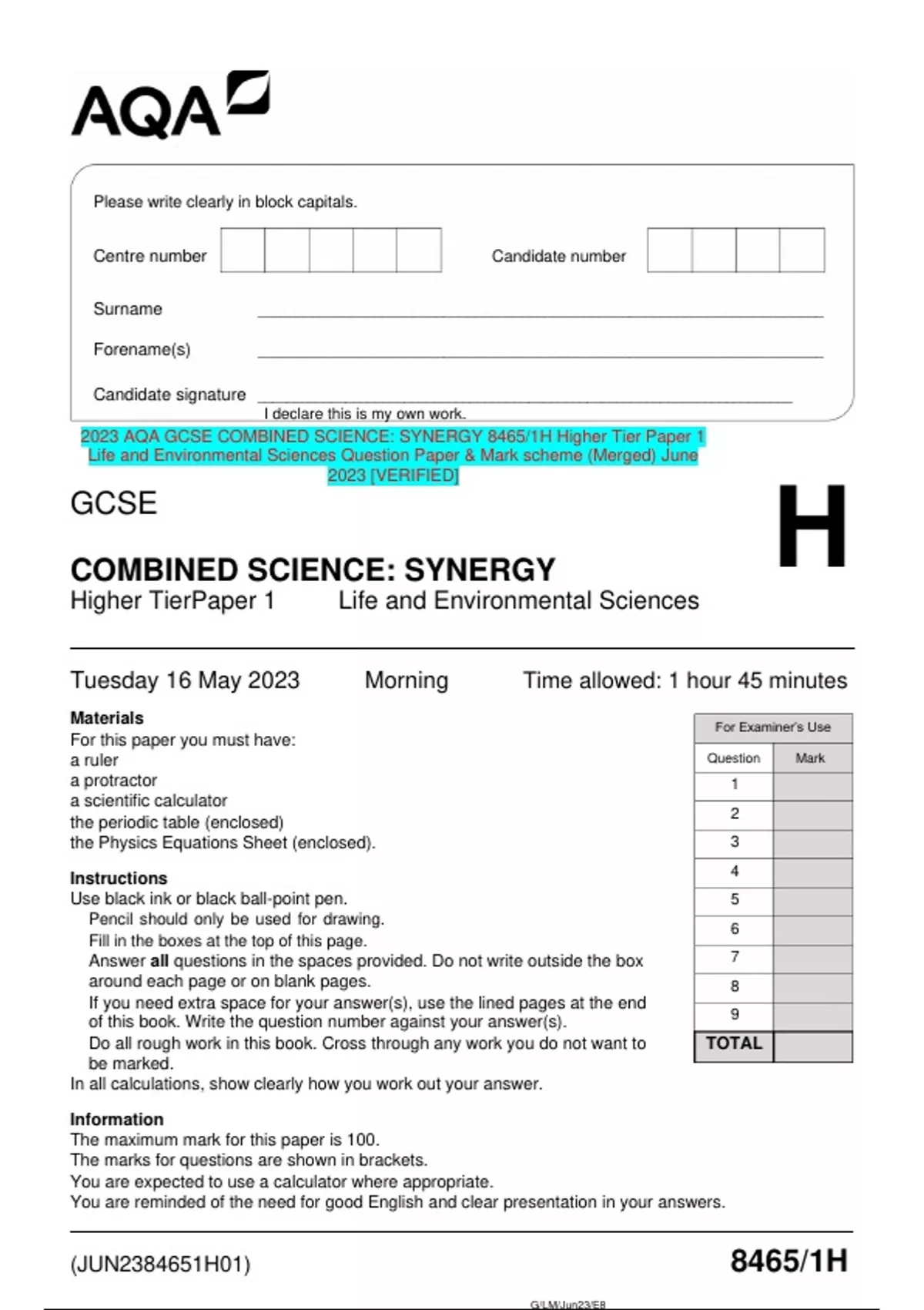 2023 Aqa Gcse Combined Science Synergy 8465 1h Higher Tier Paper 1