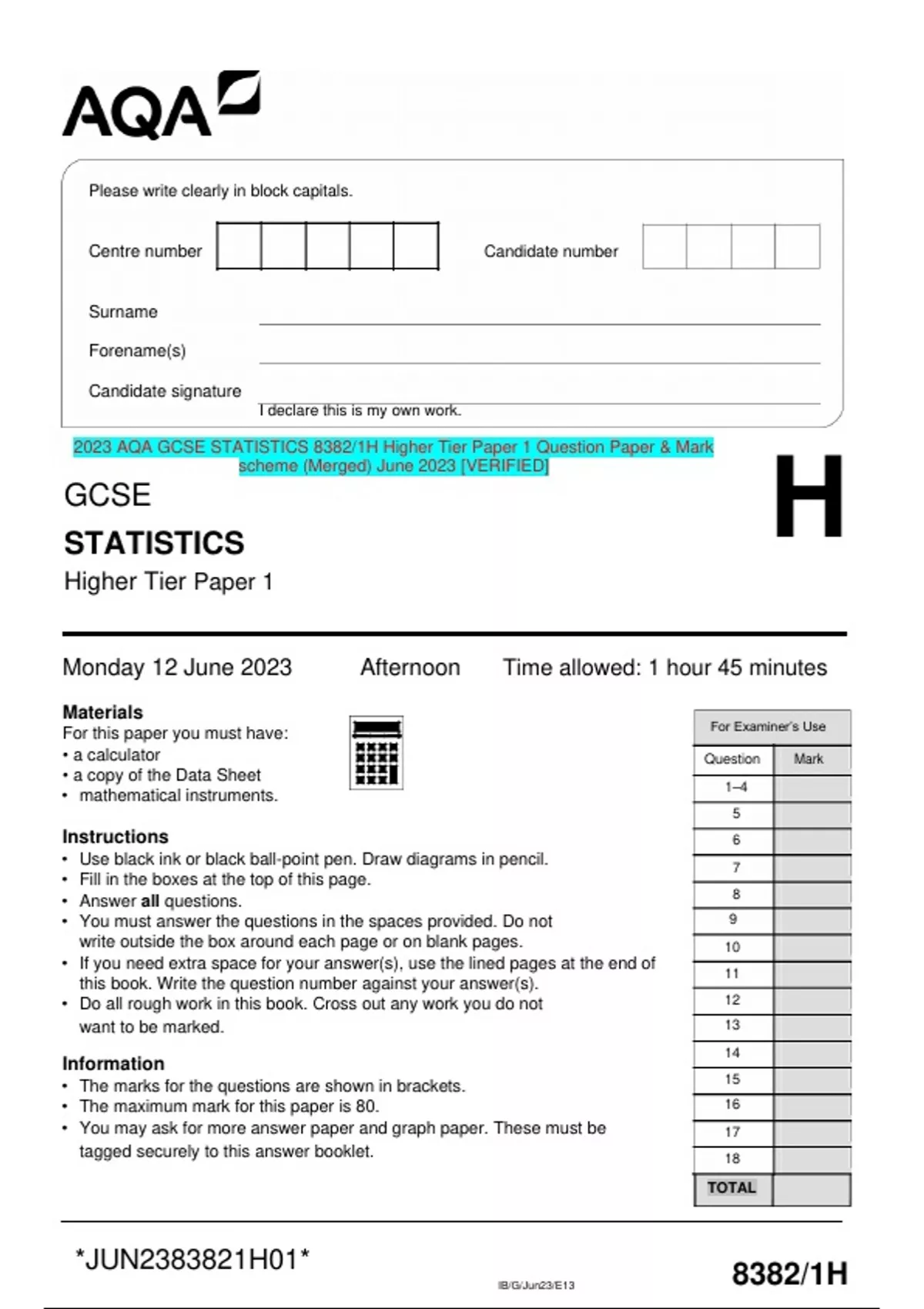 2023 AQA GCSE STATISTICS 8382/1H Higher Tier Paper 1 Question Paper ...