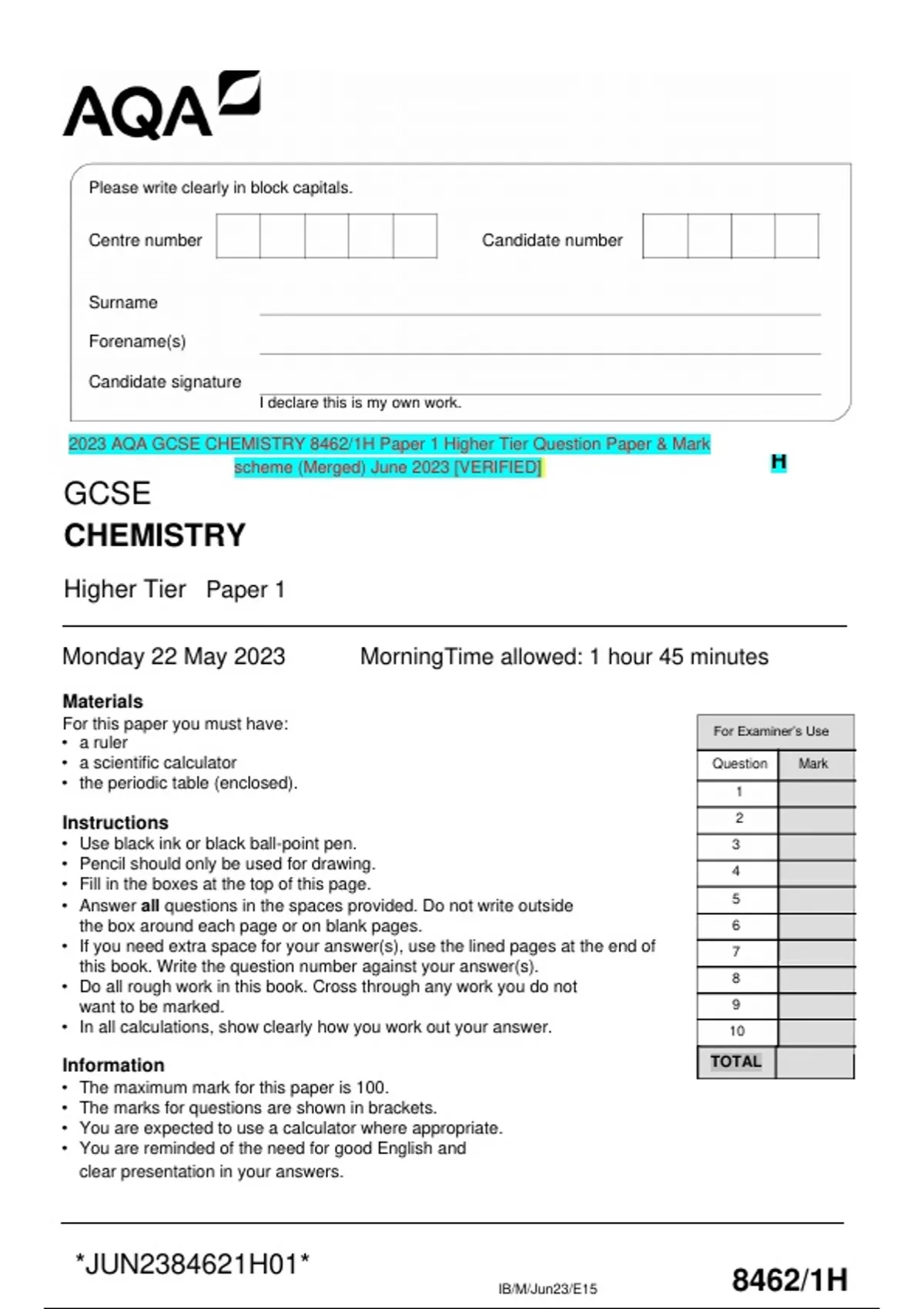 2023 AQA GCSE CHEMISTRY 8462/1H Paper 1 Higher Tier Question Paper ...
