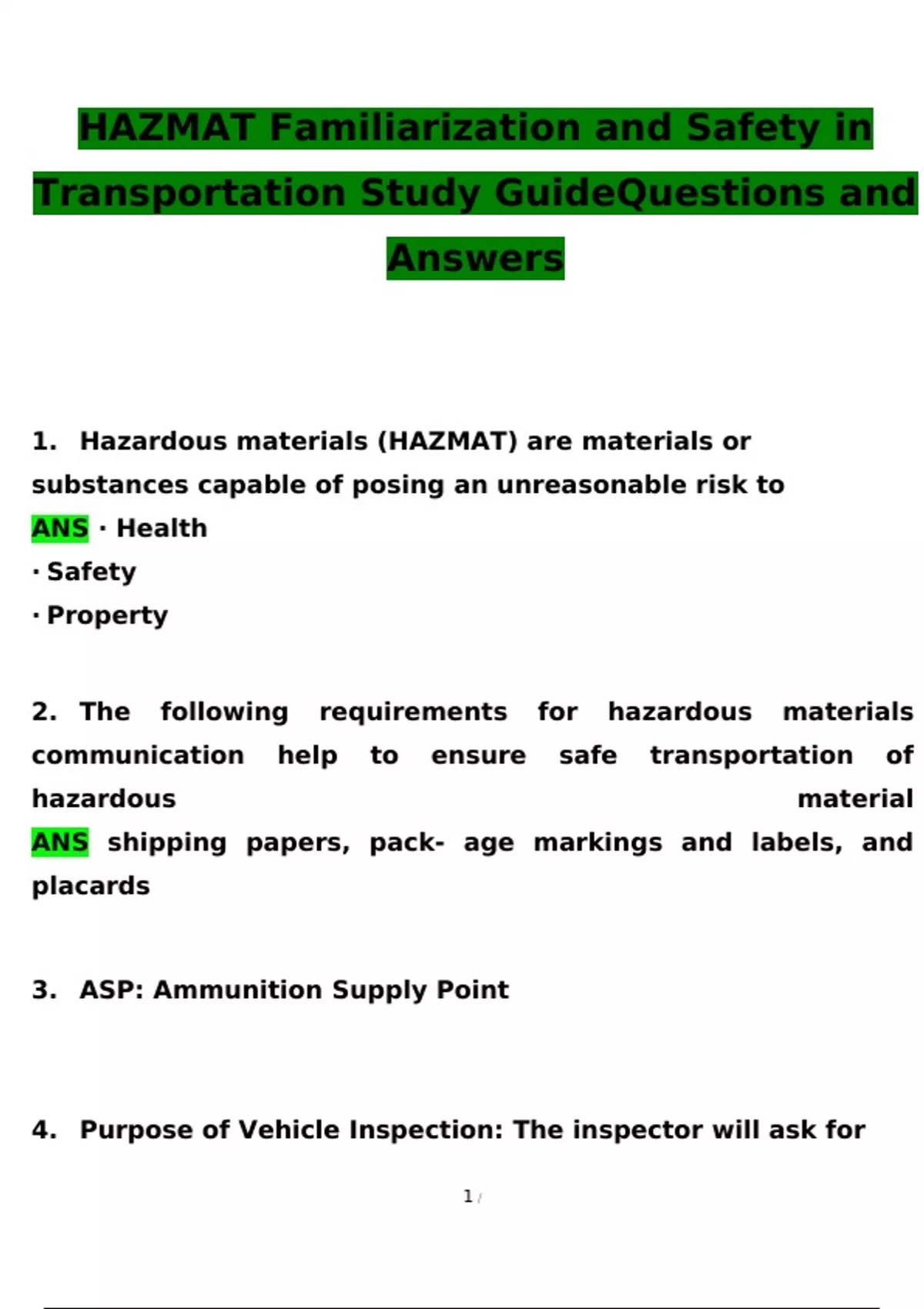 HAZMAT Familiarization and Safety in Transportation Study Guide ...