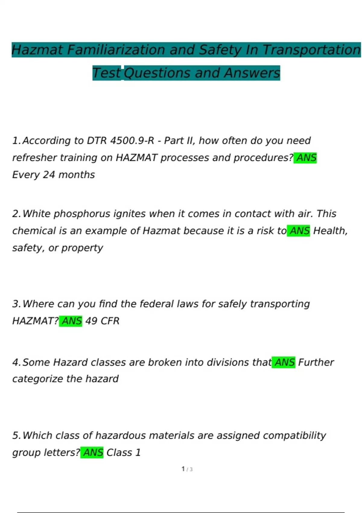 Hazmat Familiarization and Safety In Transportation Test Questions and ...