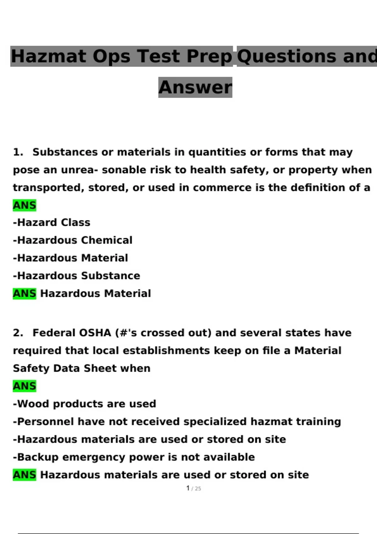 Hazmat Ops Test Prep Questions and Answers (2024 / 2025) (Verified ...