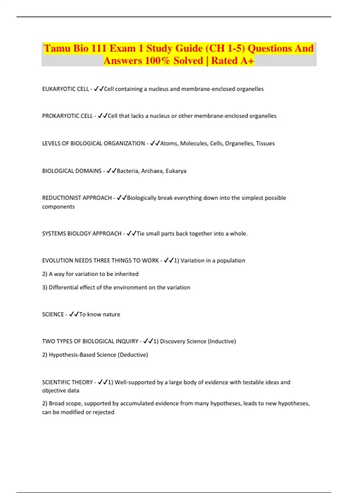 Tamu Bio 111 Exam 1 Study Guide (CH 1-5) Questions And Answers 100% ...
