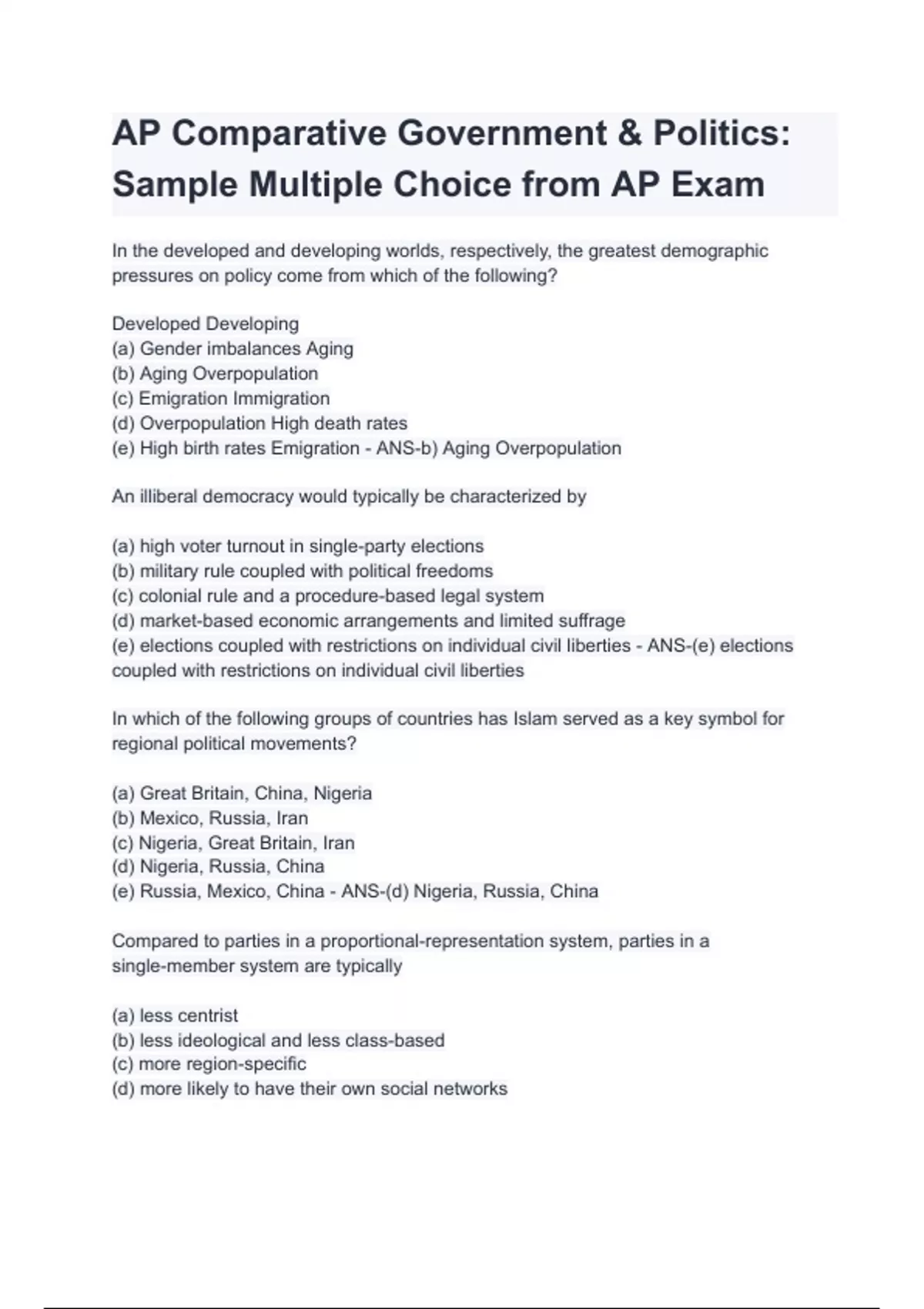 AP Comparative Government & Politics_ Sample Multiple Choice from AP Exam questions & answers ...