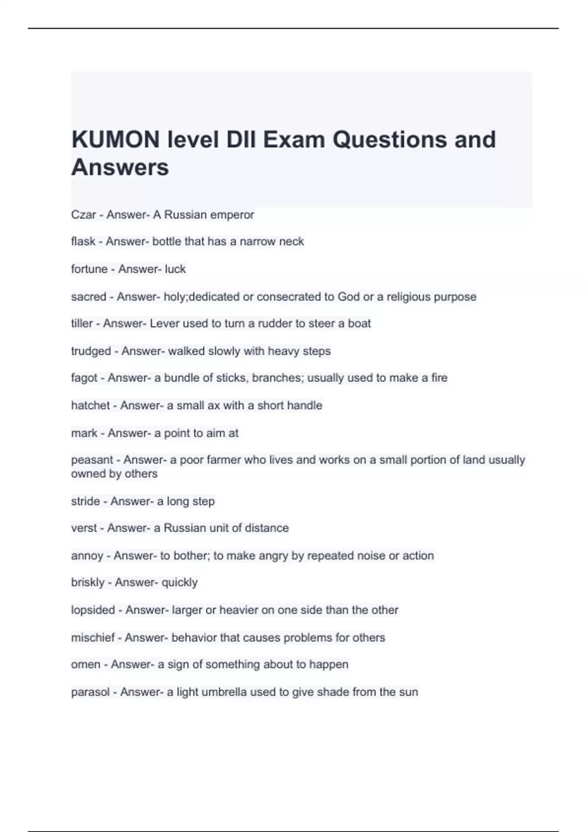 KUMON level DII Exam Questions and Answers - KUMON LEVEL - Stuvia US
