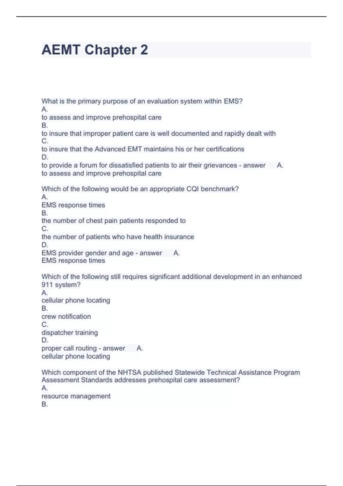 AEMT Chapter 2 Questions with correct Answers 2024 - Aemt - Stuvia US