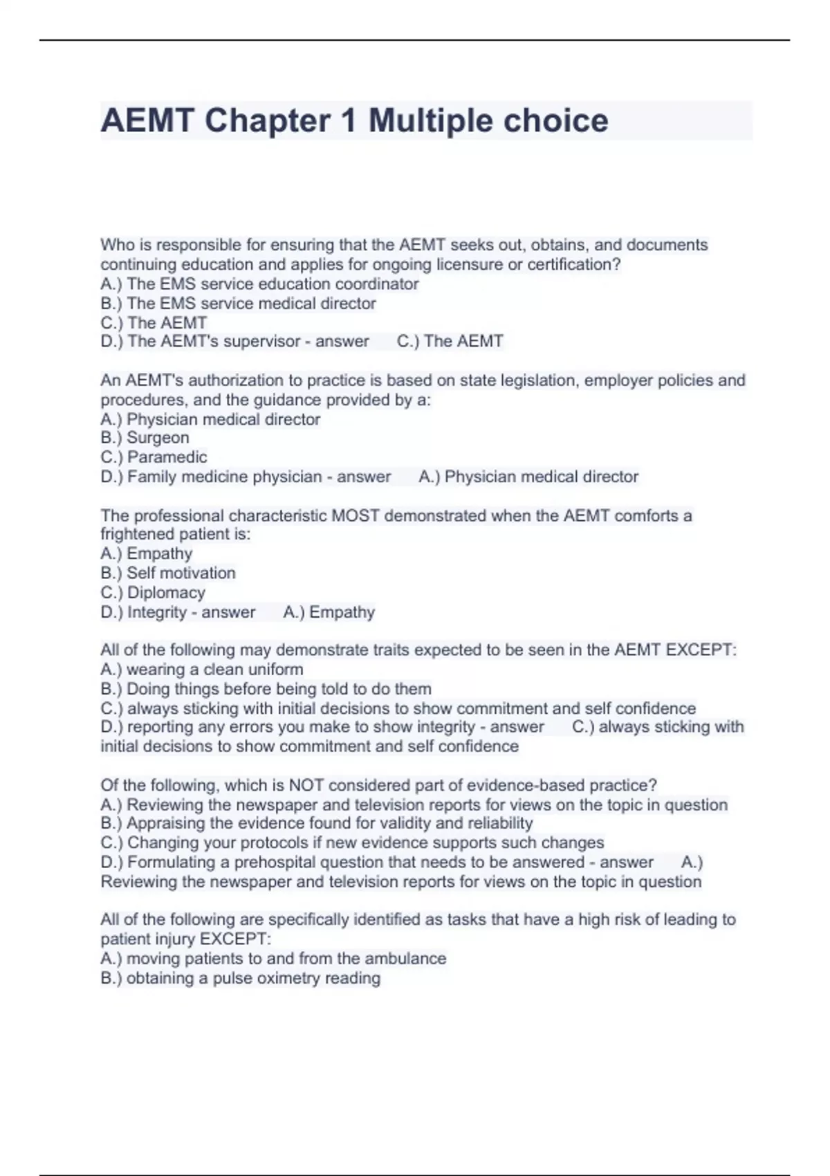 AEMT Chapter 1 Multiple choice Questions and Answers, Latest Updated ...