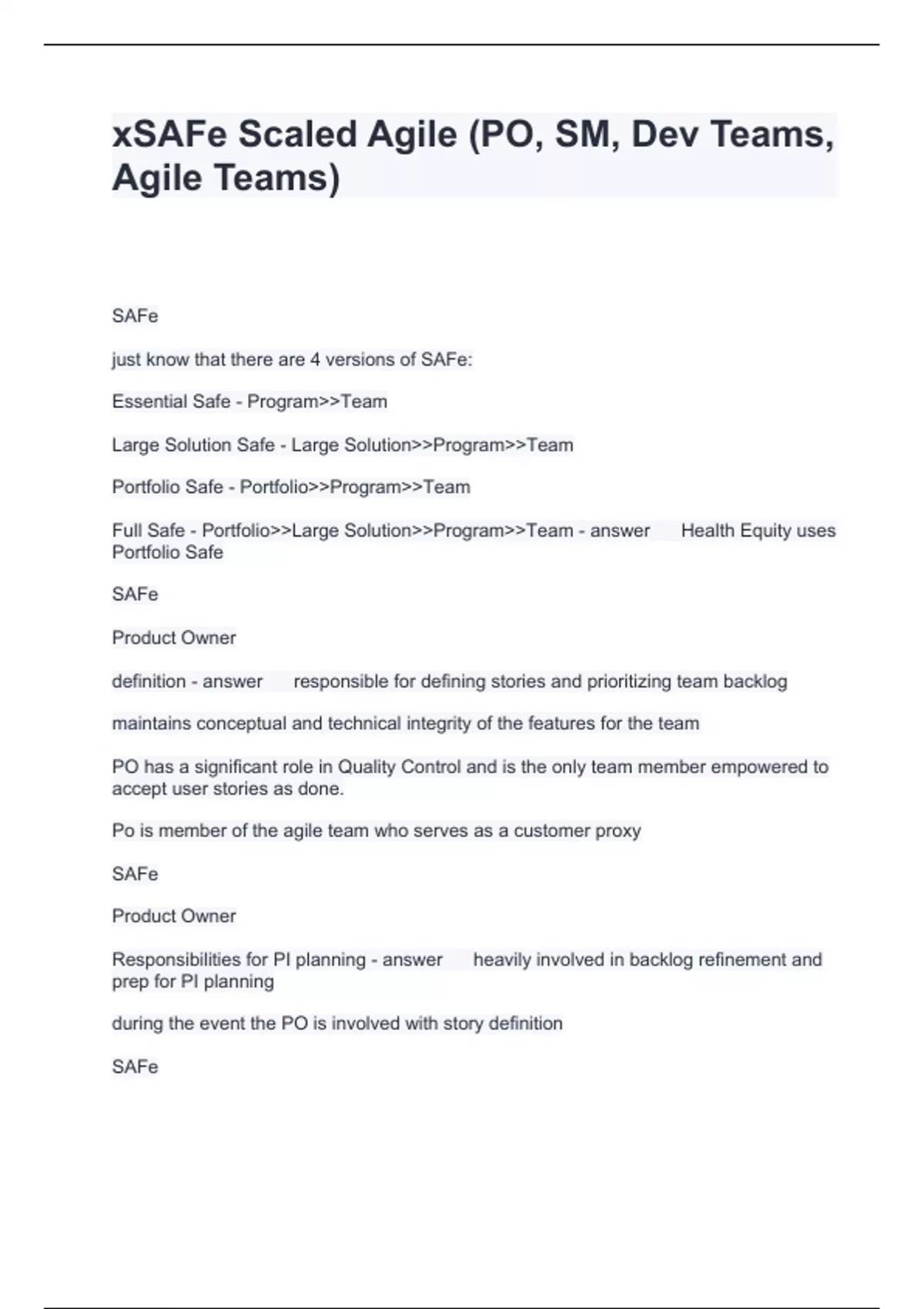 xSAFe Scaled Agile (PO, SM, Dev Teams, Agile Teams) Questions and ...