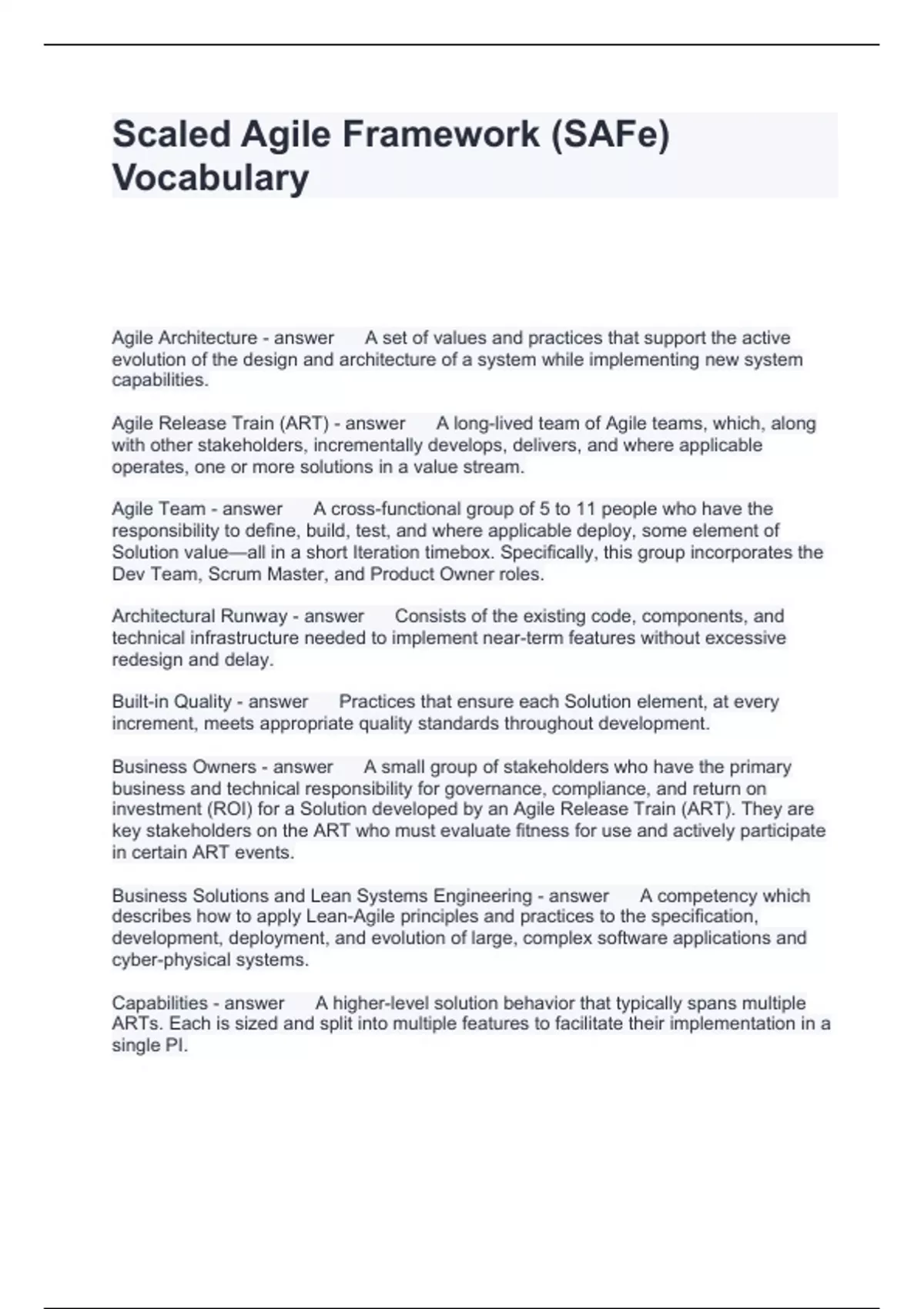 Scaled Agile Framework Safe Vocabulary Questions And Answers 2024 Safe Agile Stuvia Us