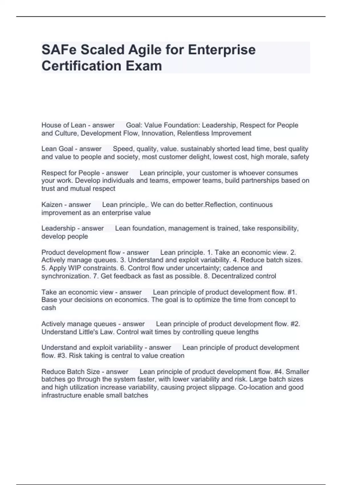 Safe Scaled Agile For Enterprise Certification Exam Questions And Answers 100 Accurate Safe