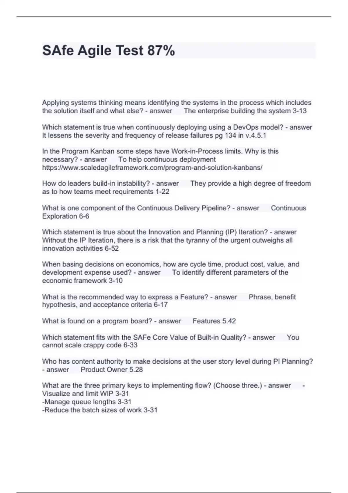 Safe Agile Test 87 Questions And Answers Latest Updated Safe Agile Stuvia Us