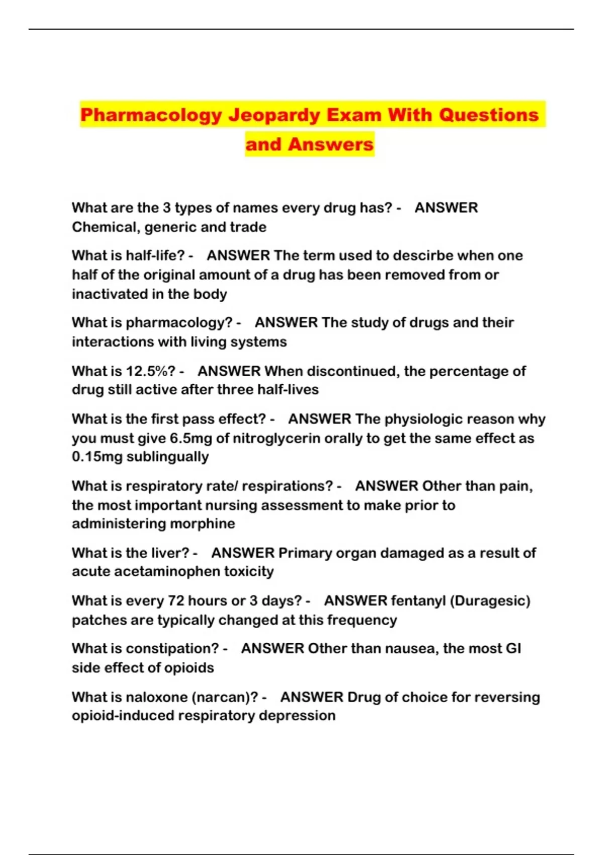 Pharmacology Jeopardy Exam With Questions and Answers - Pharmacology ...