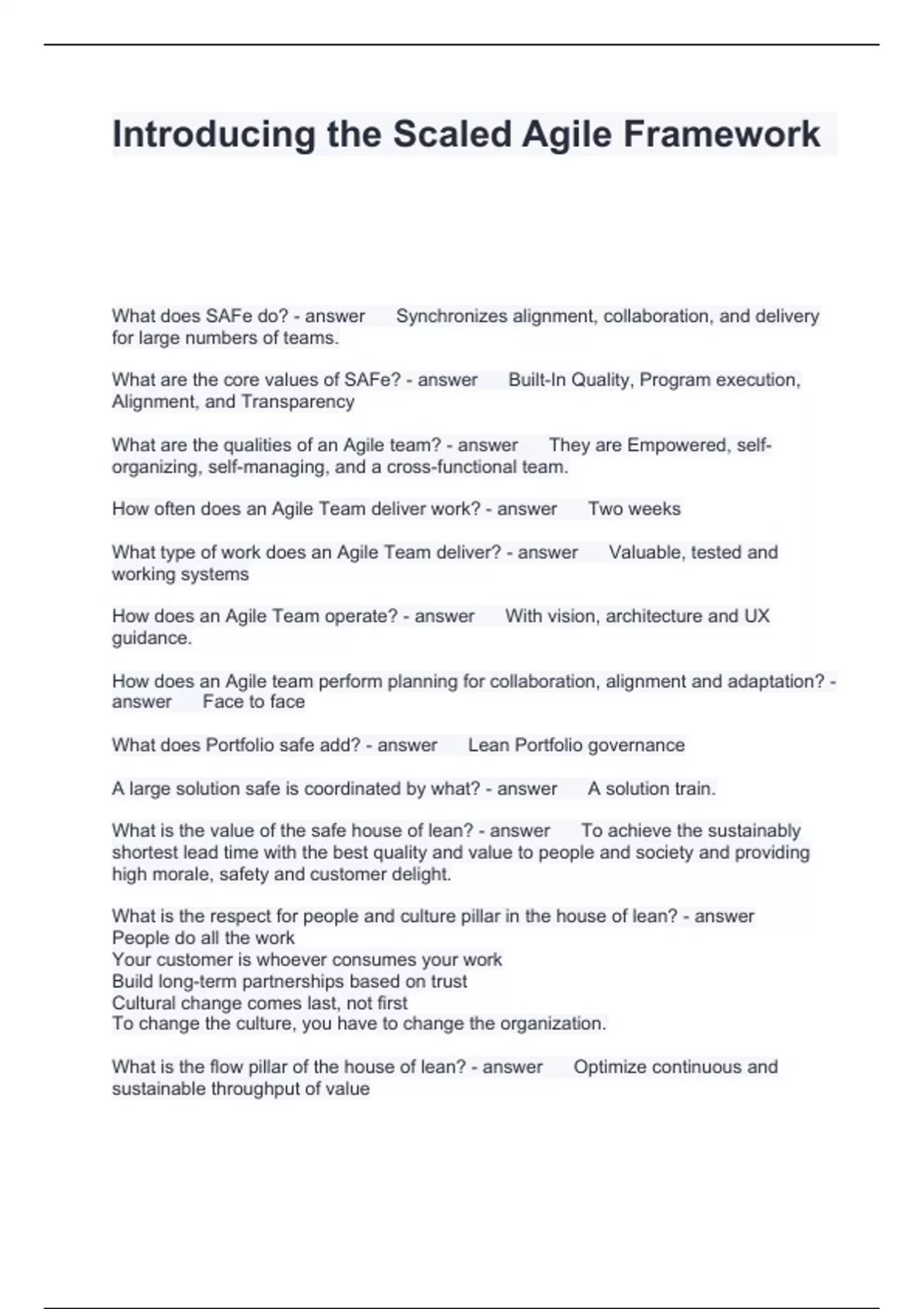 Introducing the Scaled Agile Framework Questions with correct Answers 2024 - Safe Agile - Stuvia US