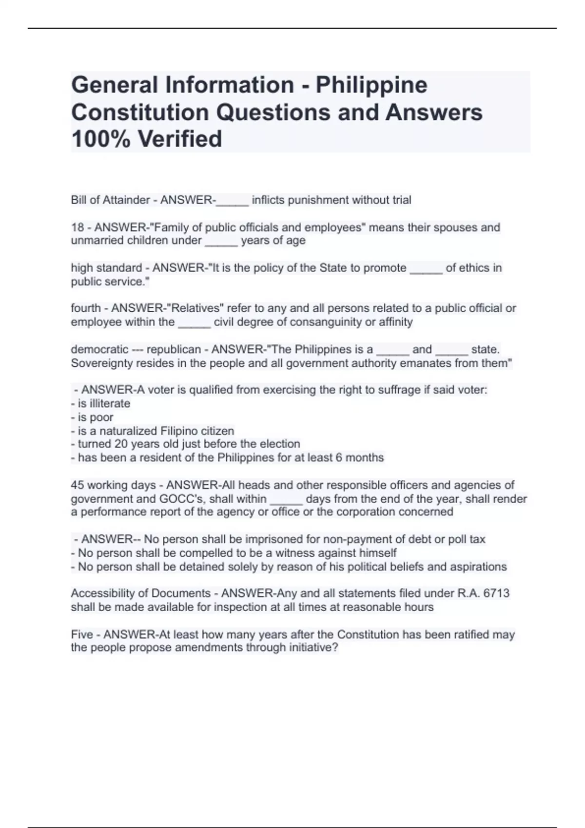 General Information - Philippine Constitution Questions and Answers 100% Verified - General ...
