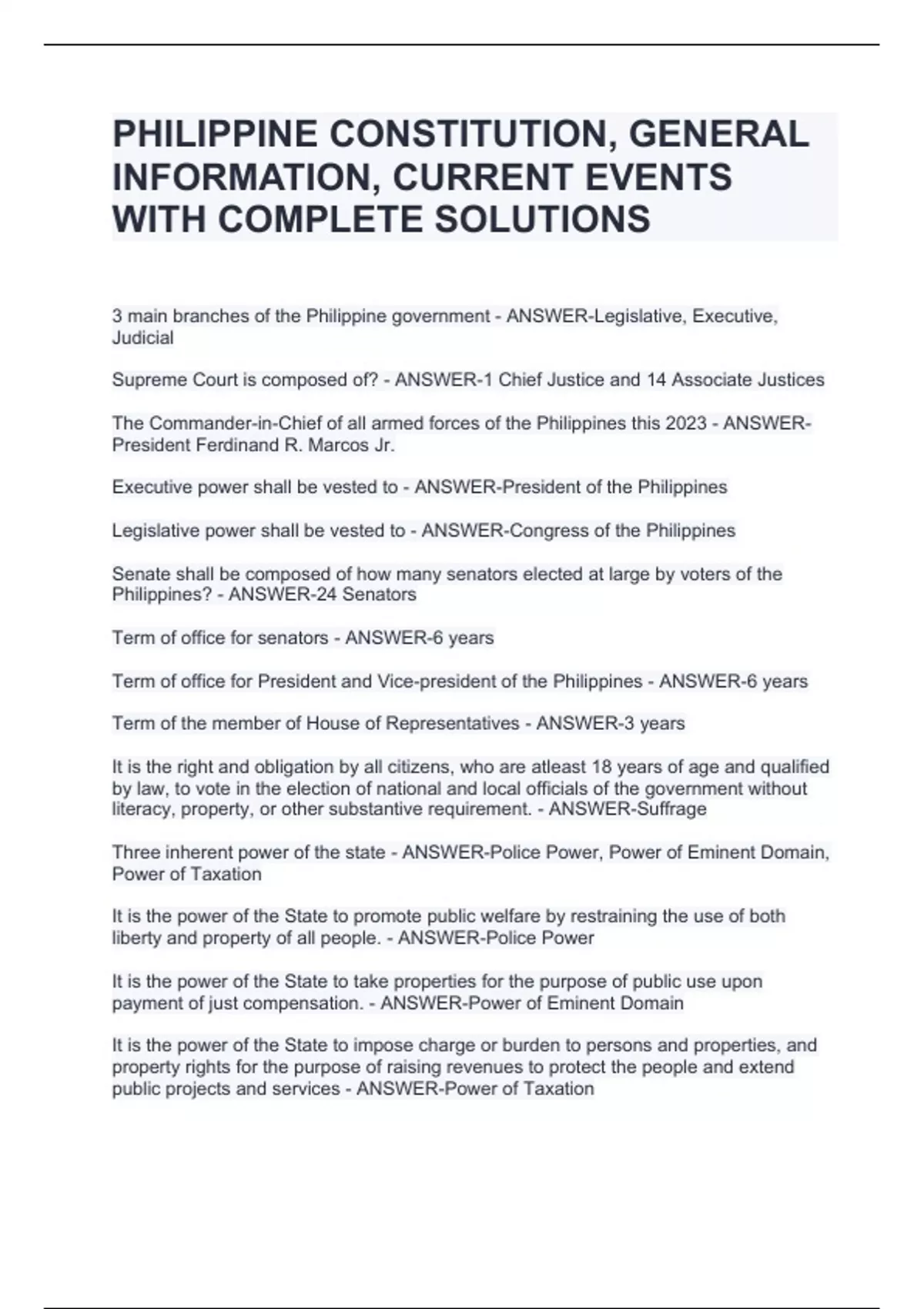 PHILIPPINE CONSTITUTION, GENERAL INFORMATION, CURRENT EVENTS WITH ...